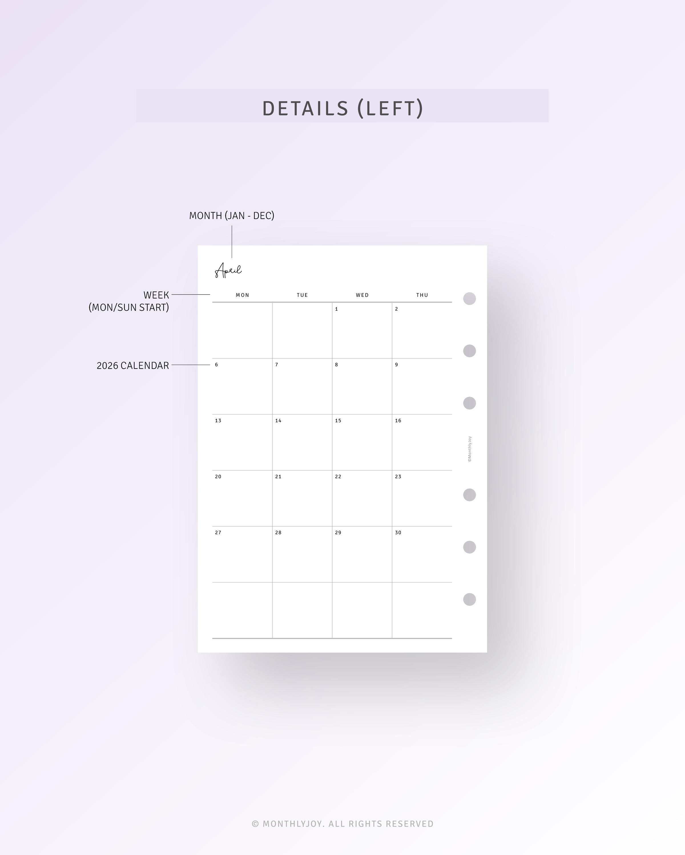 2026 Monthly Planner Printable Dated Calendar A6 Inserts Refills ...
