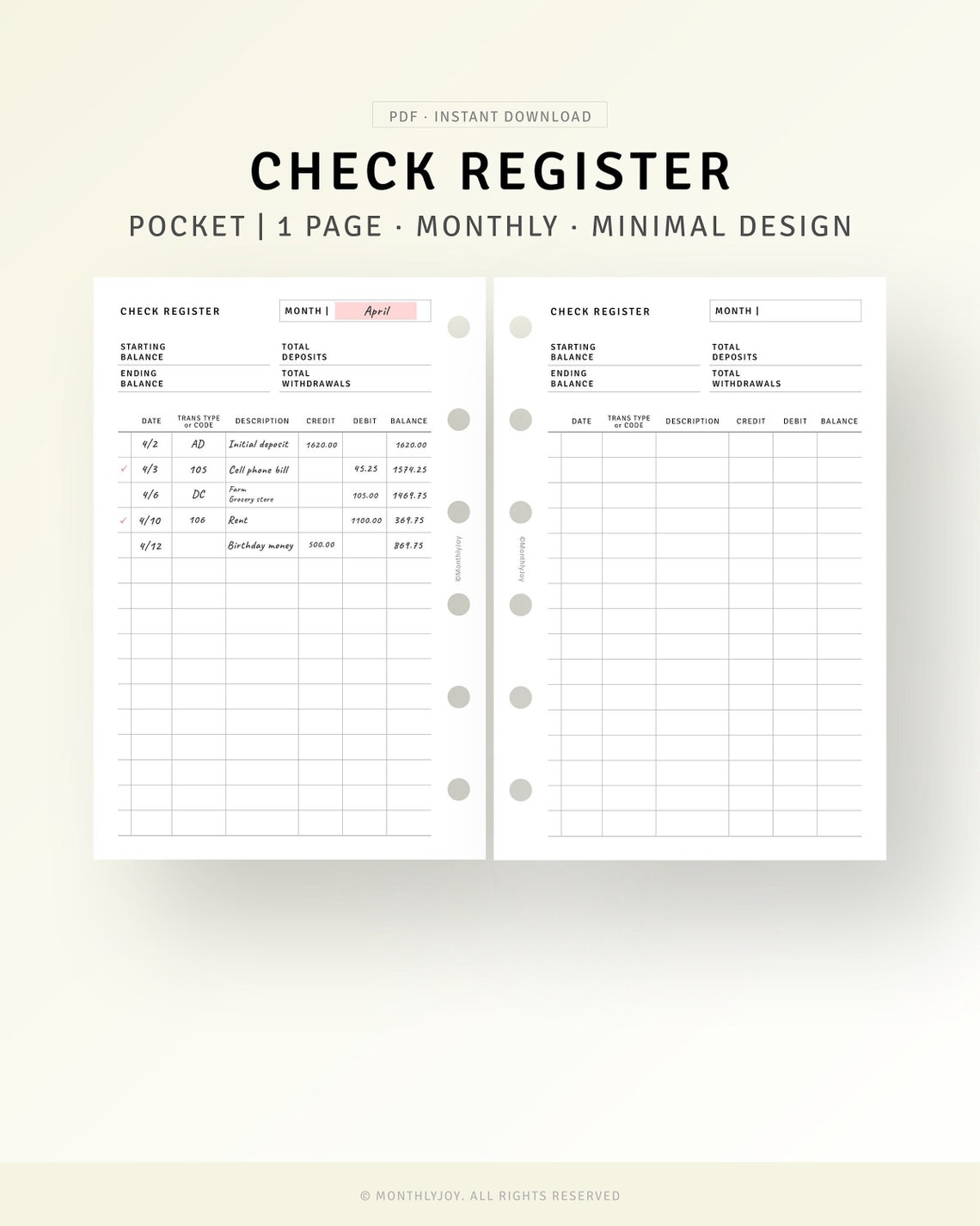 Pocket, Check Register Printable Template, Checkbook Ledger, Spending ...