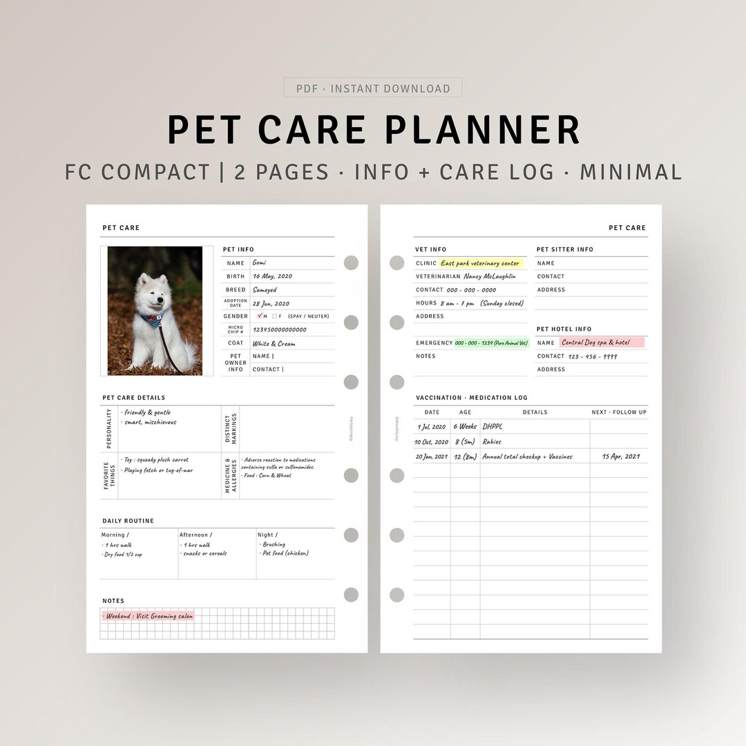 Pet Planner Printable FC Compact Inserts, Cat Puppy Health Records, Pet ...