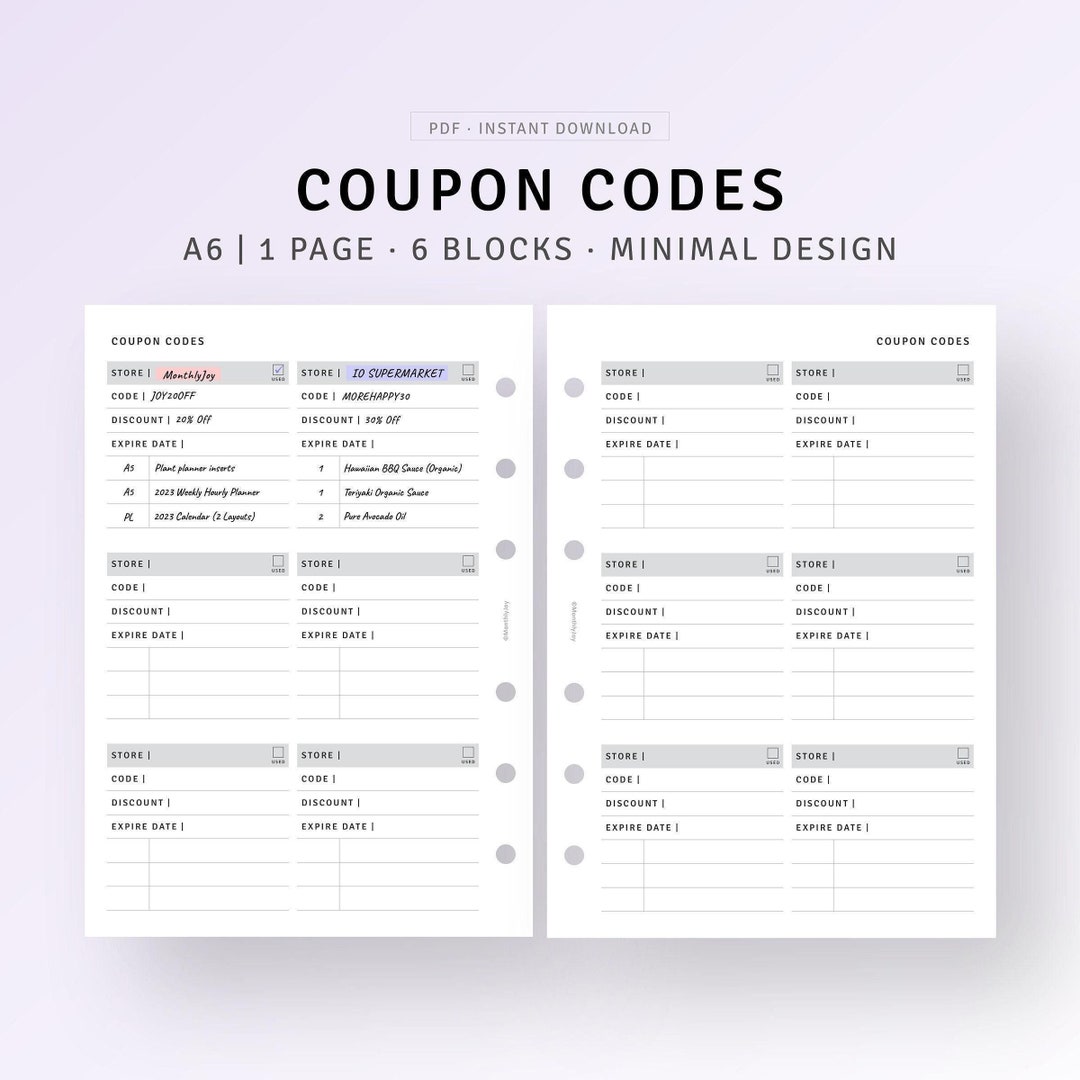 Coupon Codes Tracker A6 Inserts, Shopping Discount Code Log Template ...