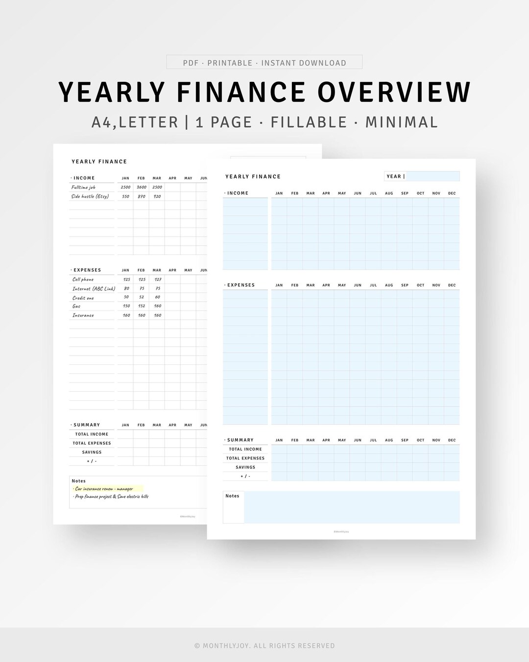 Yearly Income Expense Tracker Printable Finance Tracker, Annual Budget ...