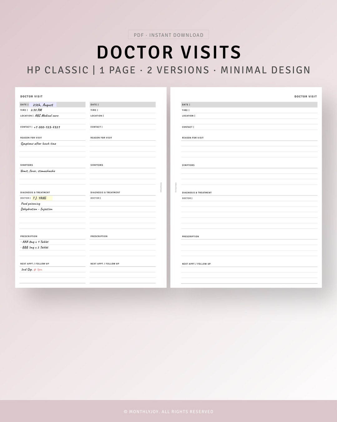 Doctor Visits Planner HP Classic Printable Inserts, Hospital Medical ...