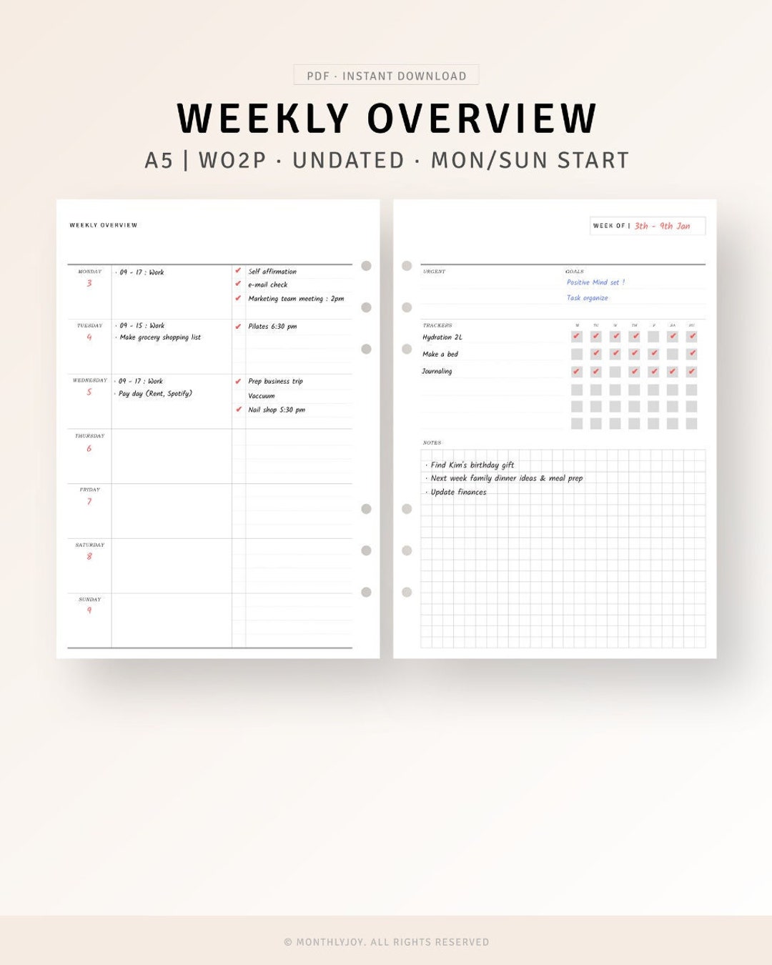 A5 Inserts Weekly Overview Planner Template Undated Weekly - Etsy