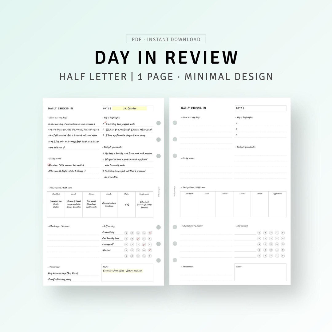Daily Review Reflection Journal Half Letter Planner Printable Daily ...