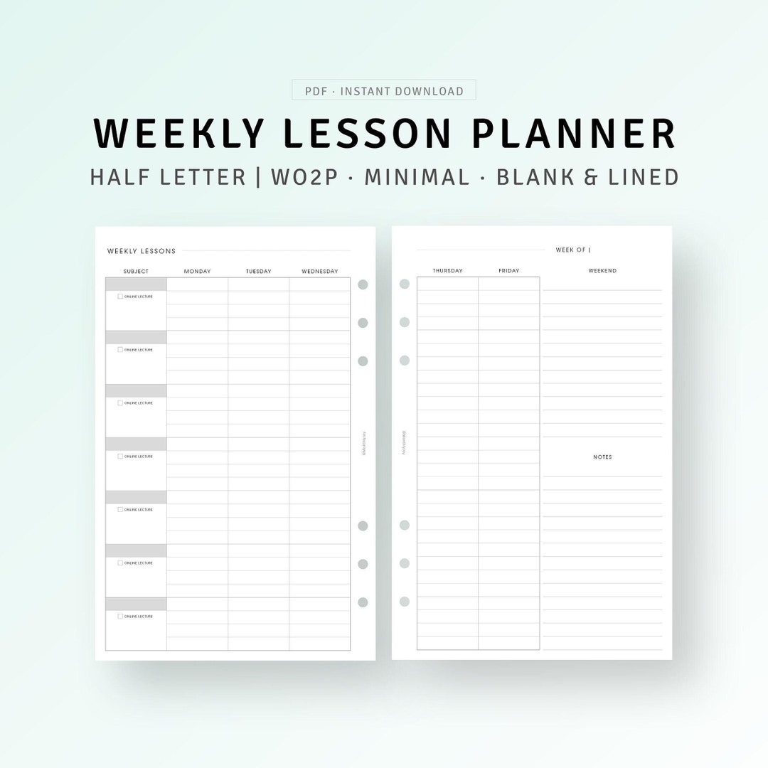Weekly Lesson Planner Printable Half Letter Inserts, Weekly Subject ...
