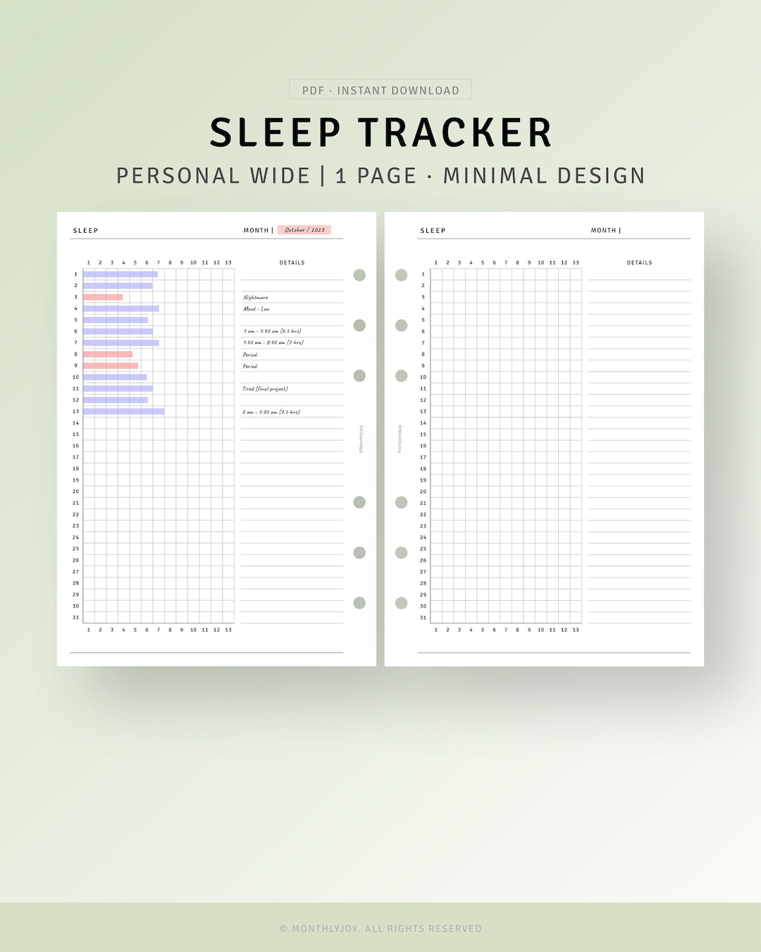 Monthly Sleep Log Printable Personal Wide Inserts, Sleep Circle Diary ...
