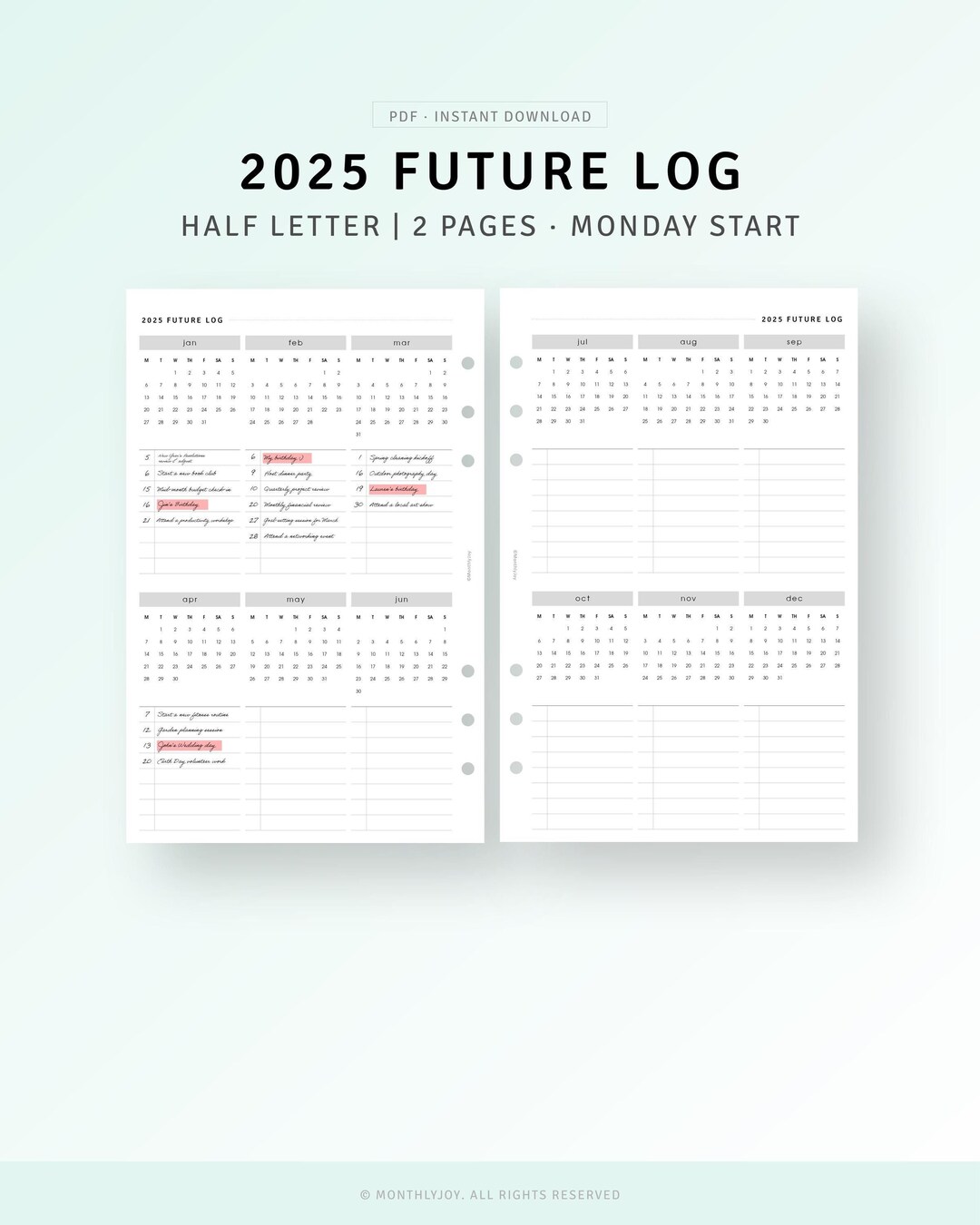 Buy Future Log 2025 Printable Half Letter Inserts, Birthday Anniversary ...