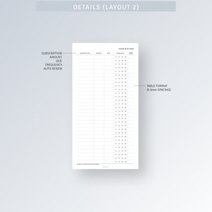 STANDARD TN | Subscription Tracker Printable Inserts, Payment Budget ...
