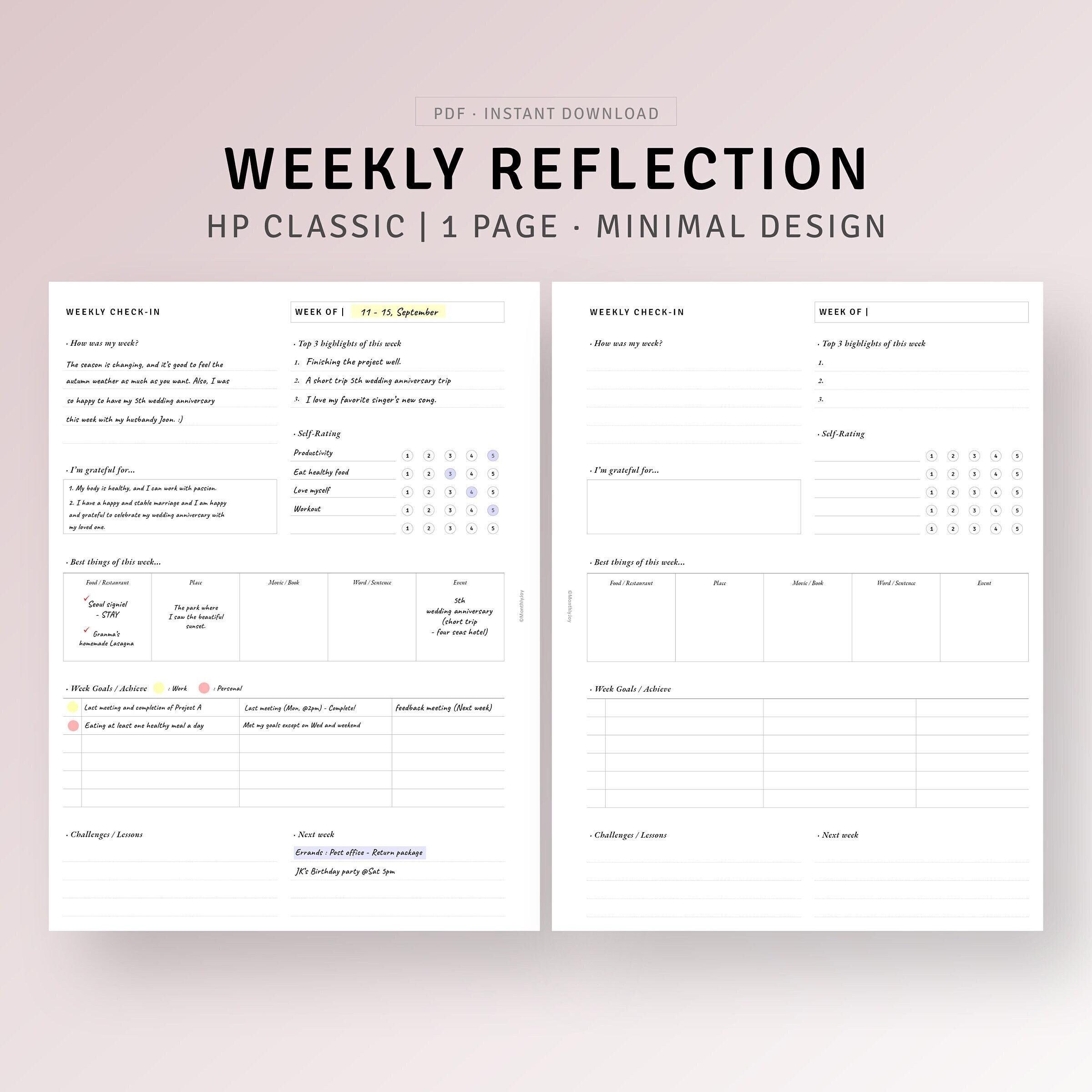 Weekly Reflection Template Printable HP Classic Inserts, Week in Review ...