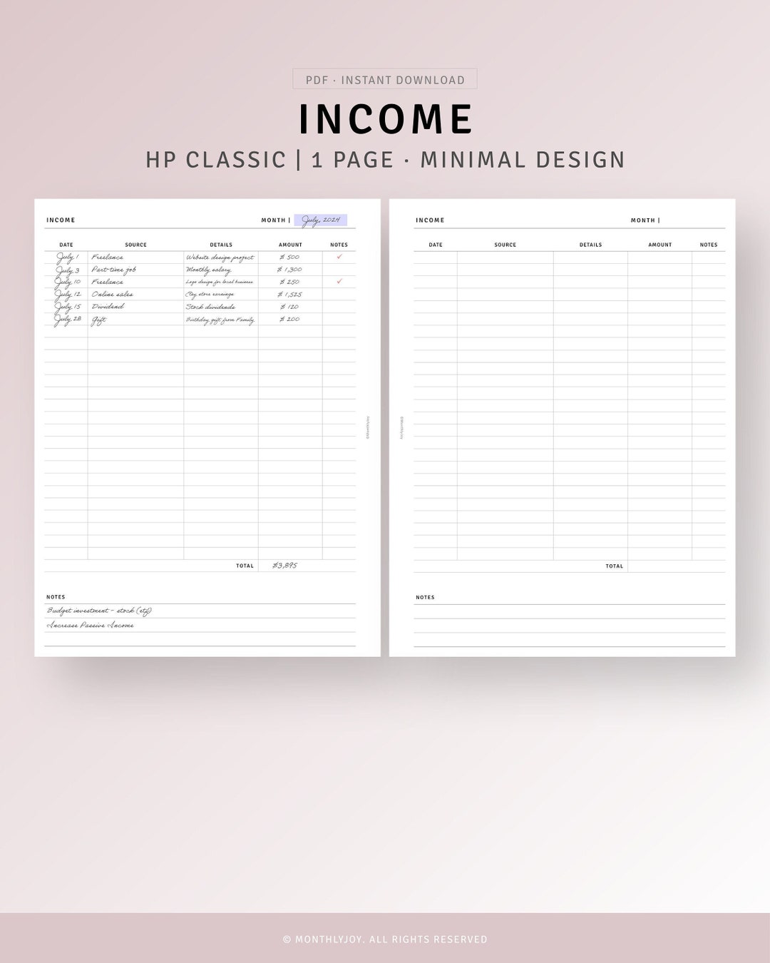 Income Tracker Printable HP Classic Planner Inserts, Money Earning ...