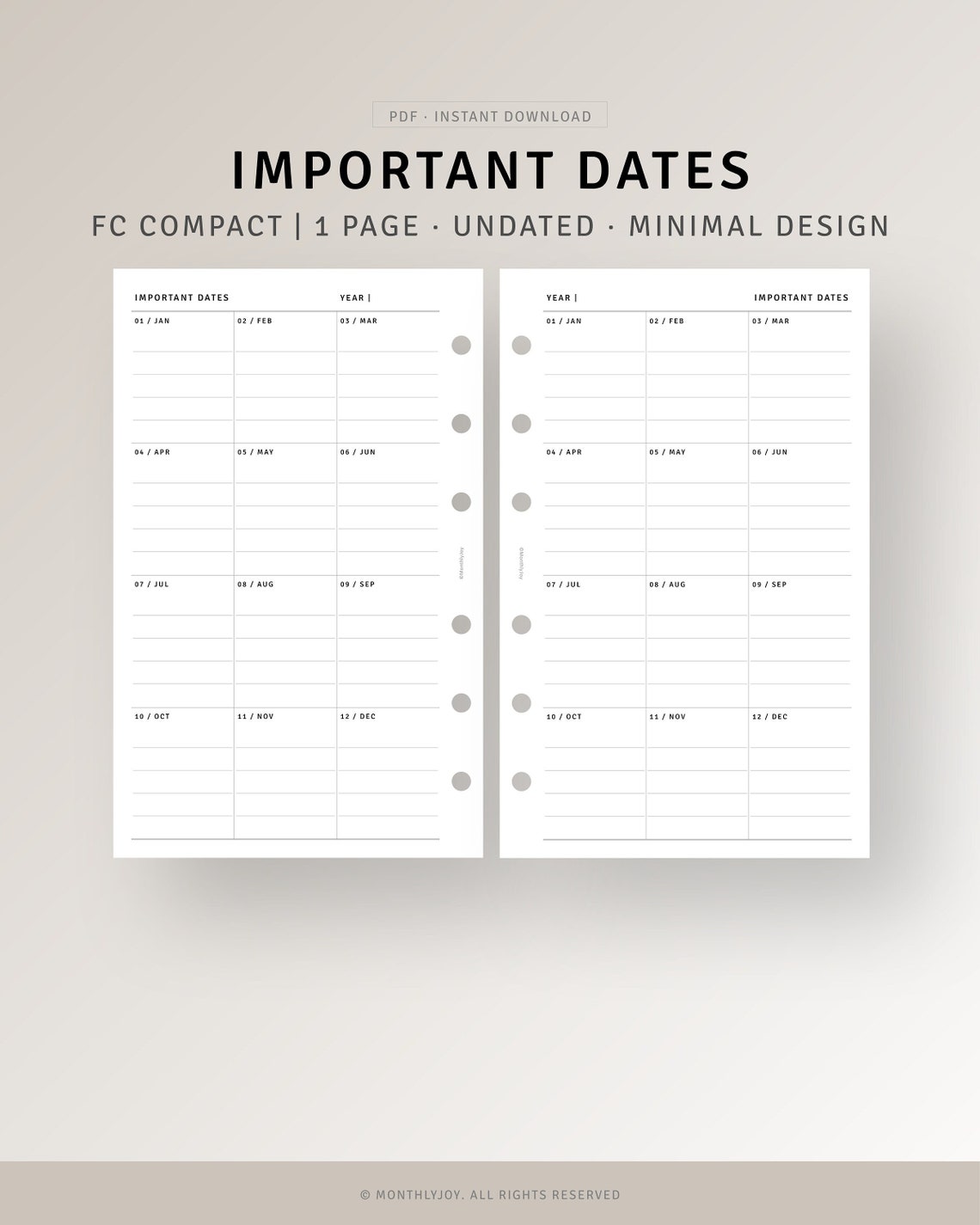 Important Dates Printable FC Compact Inserts Birthday Event - Etsy