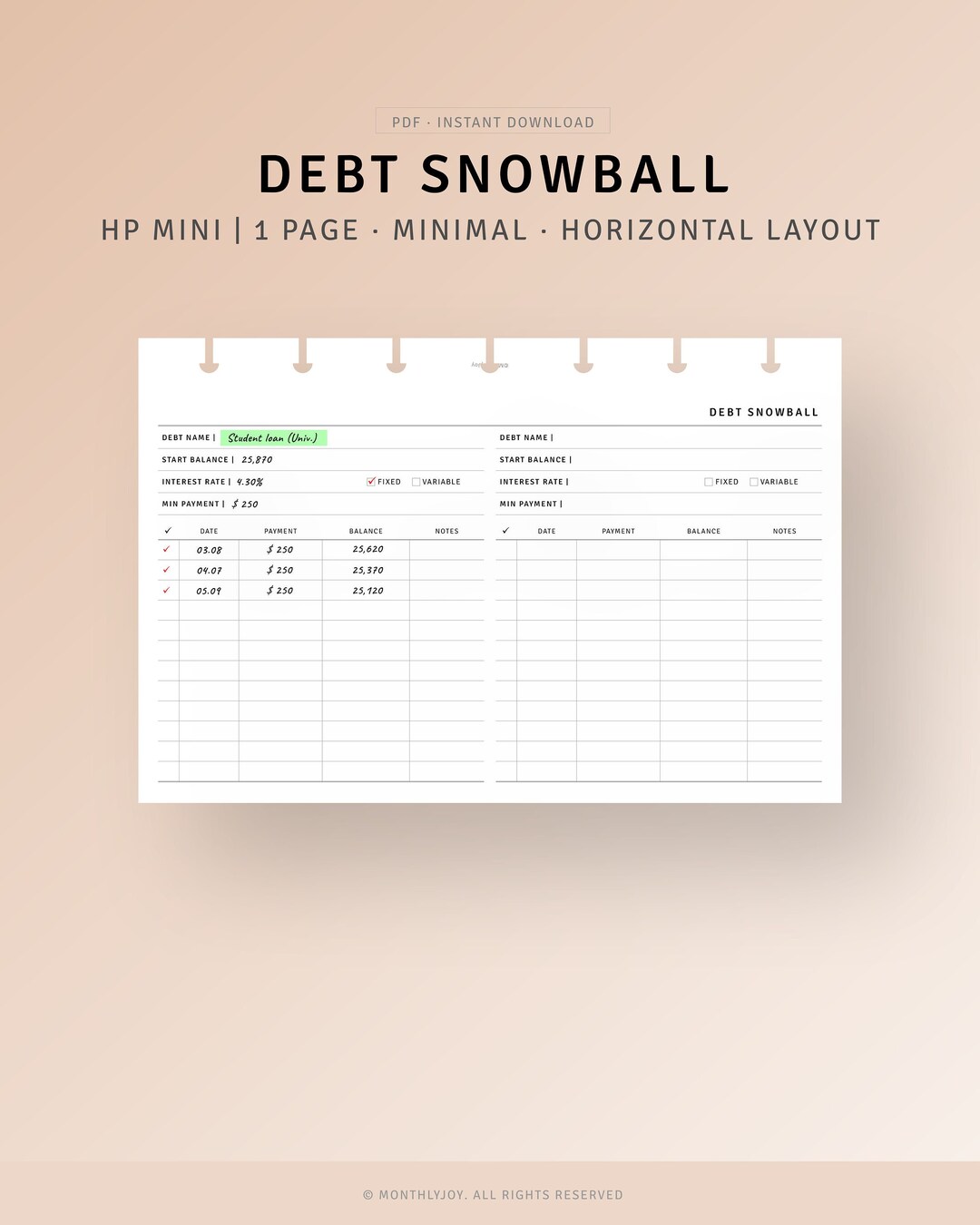 Debt Tracker HP Mini Printable Inserts, Credit Card Mortgage Debt Free ...