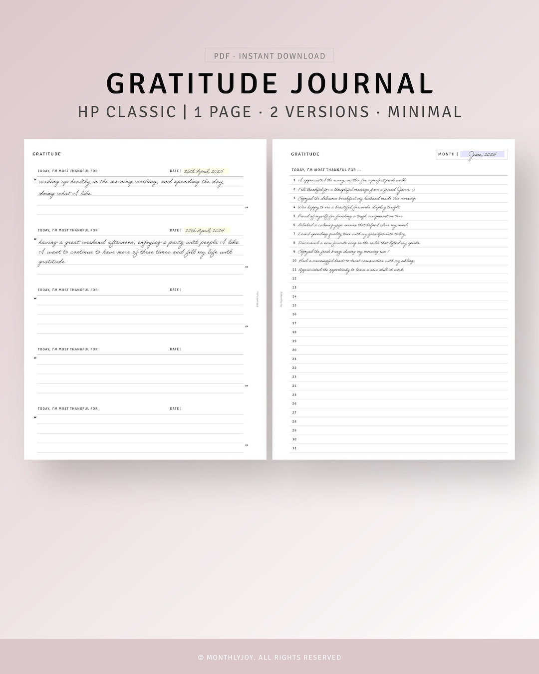 Daily Gratitude Journal Printable HP Classic Binder, Monthly Review ...