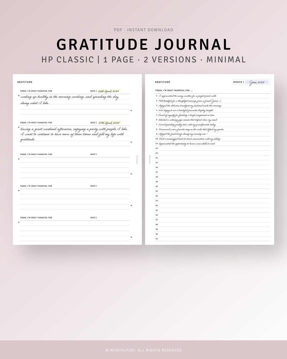 Daily Gratitude Journal Printable HP Classic Binder, Monthly Review ...