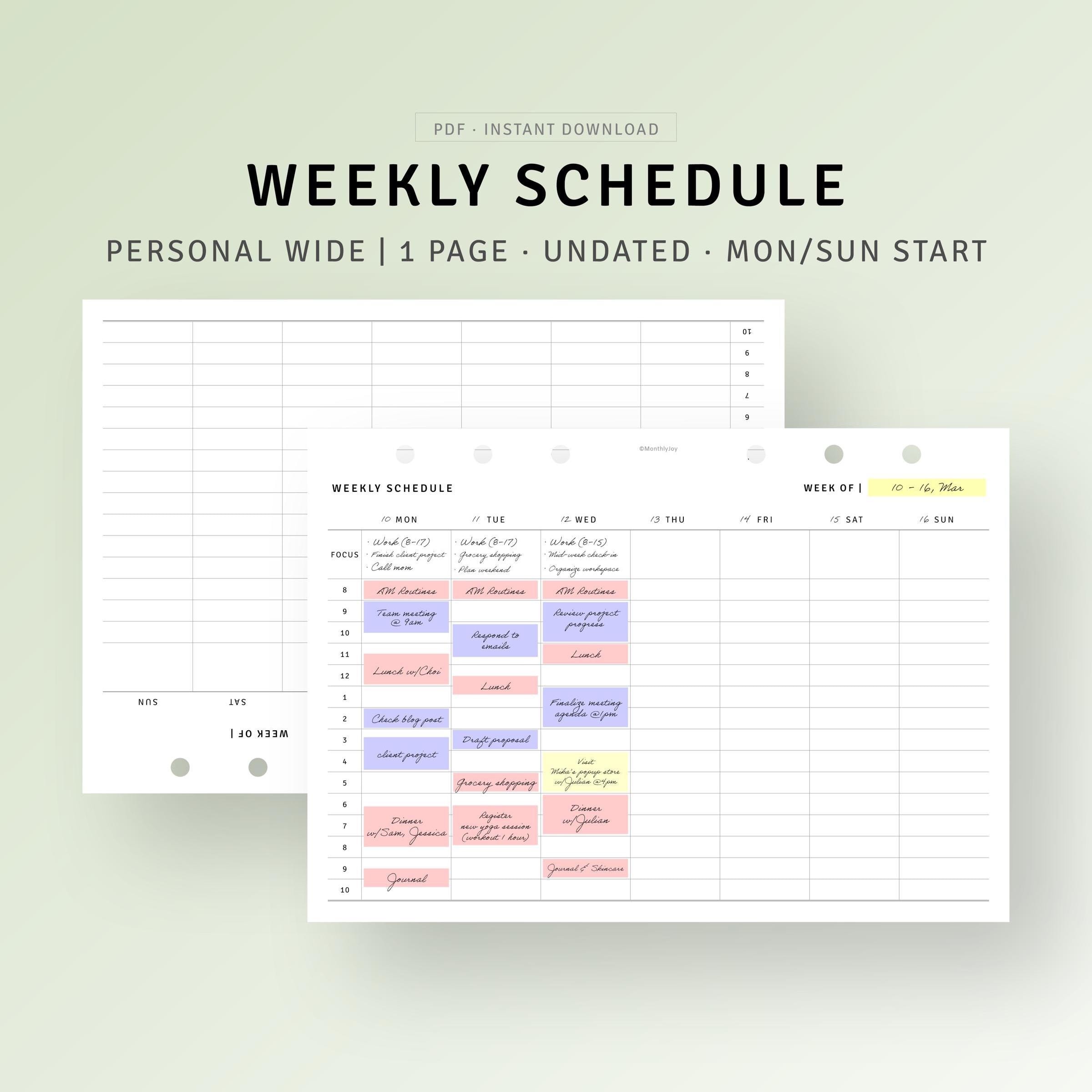 Printable Weekly Schedule Template, Week on One Page, Productivity ...