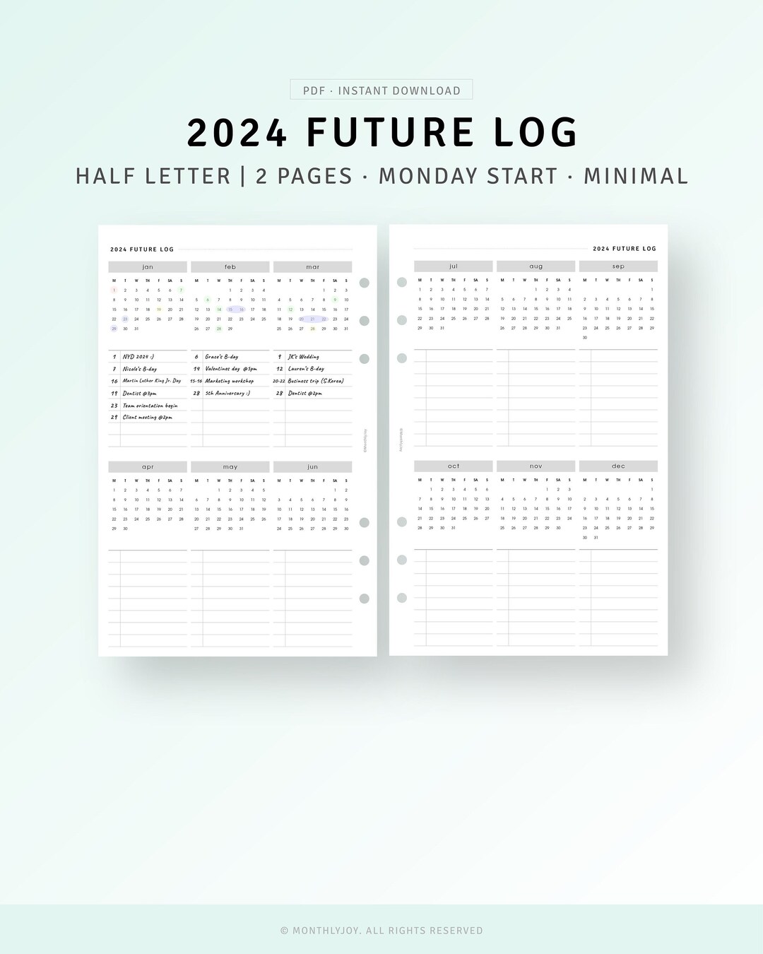 2024 Future Log Half Size Printable Inserts, Annual Birthday Event ...