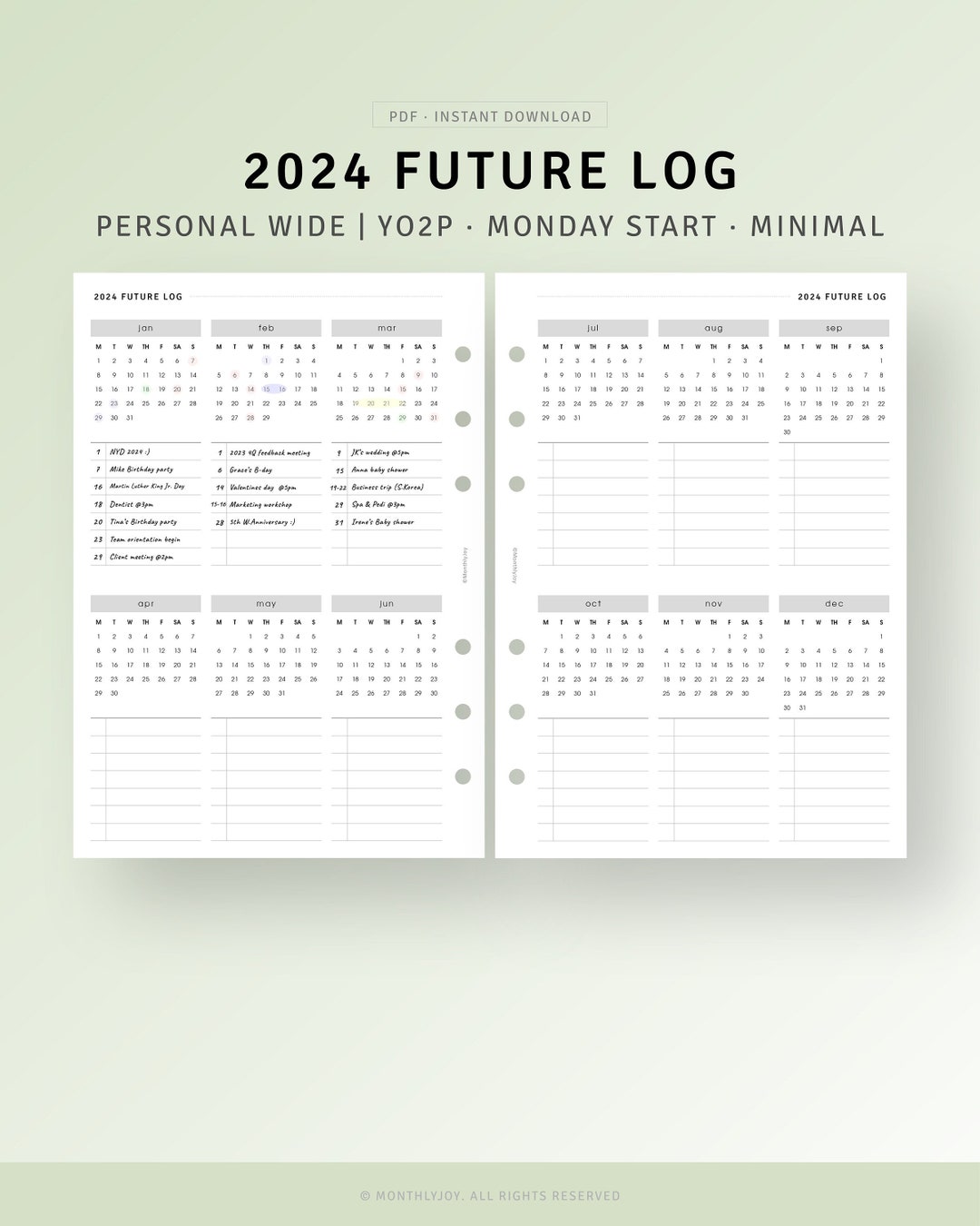 2024 Future Log Printable Personal Wide Inserts, Birthday Event Agenda ...