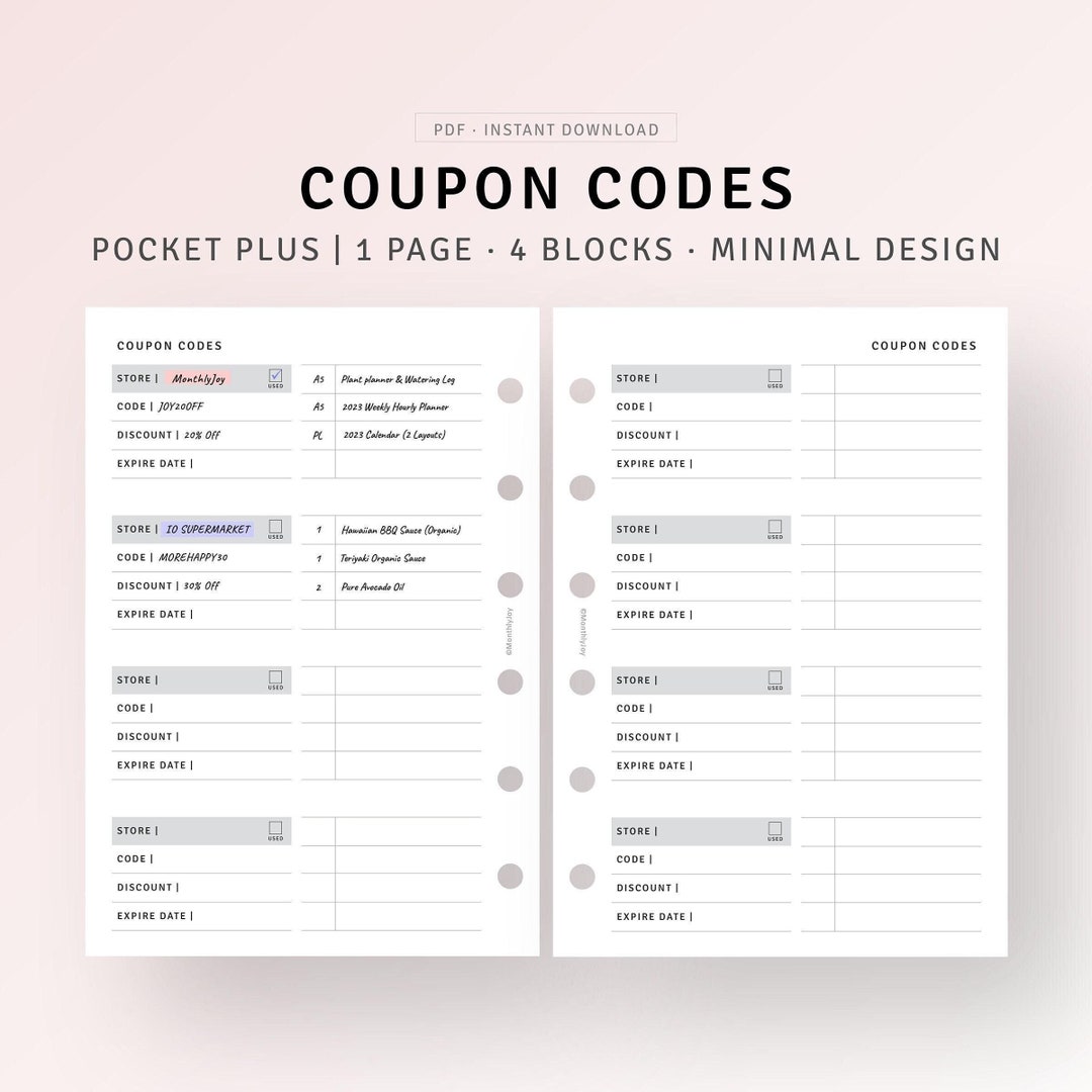 Coupon Codes Organizer Printable Pocket Plus Inserts, Shopping Discount ...