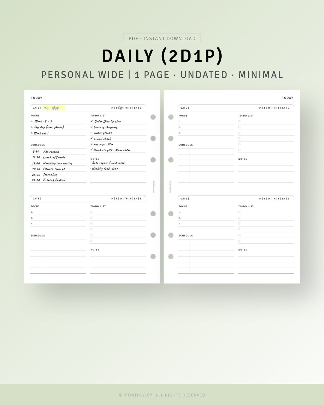 Daily Planner Printable 2 Days on 1 Page Personal Wide Inserts, Undated ...
