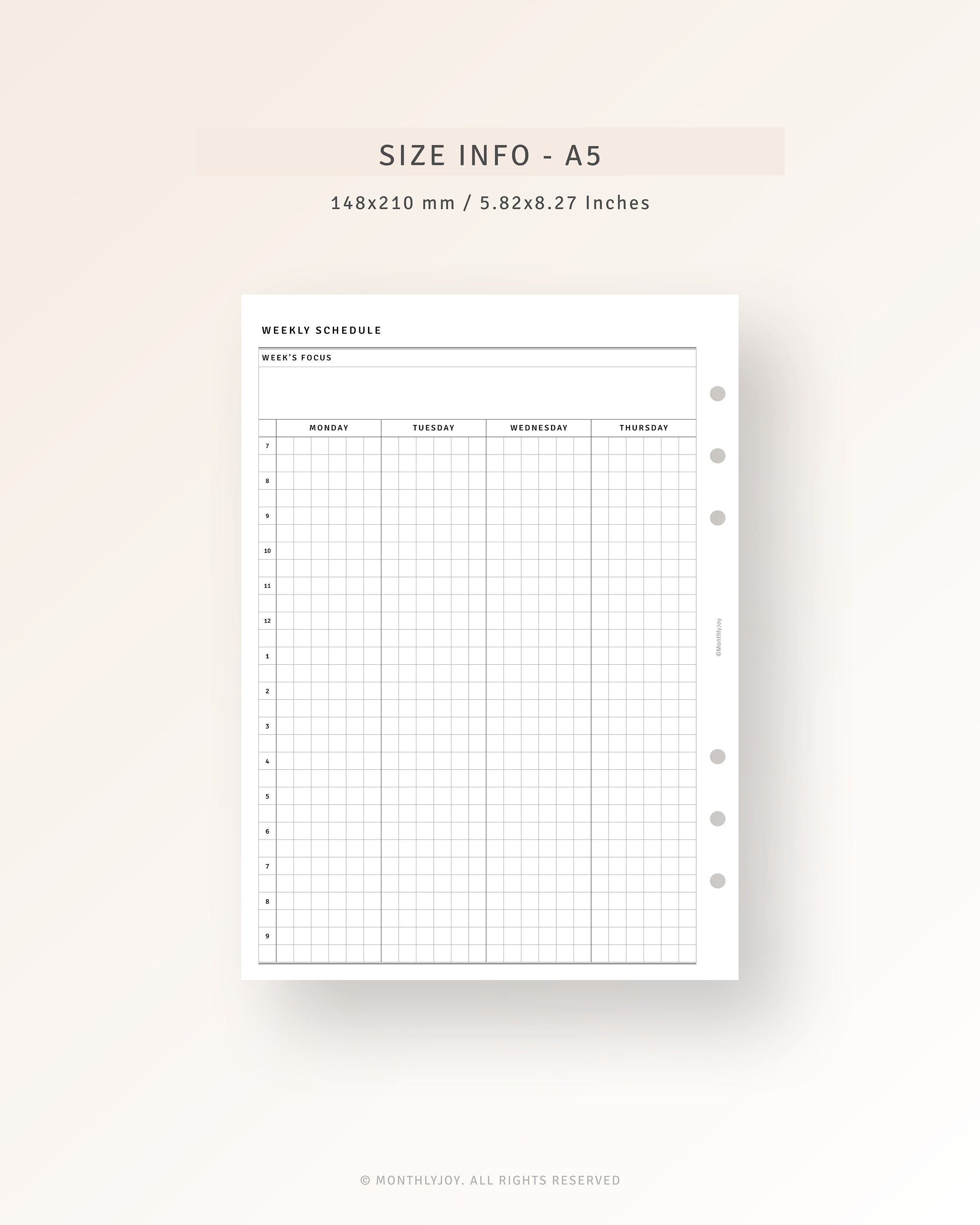 Weekly Hourly Planner Printable A5 Inserts, Week on Two Pages ...