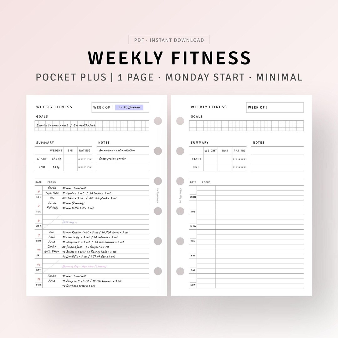Weekly Fitness Tracker Pocket Plus Inserts Printable Daily Workout Log ...