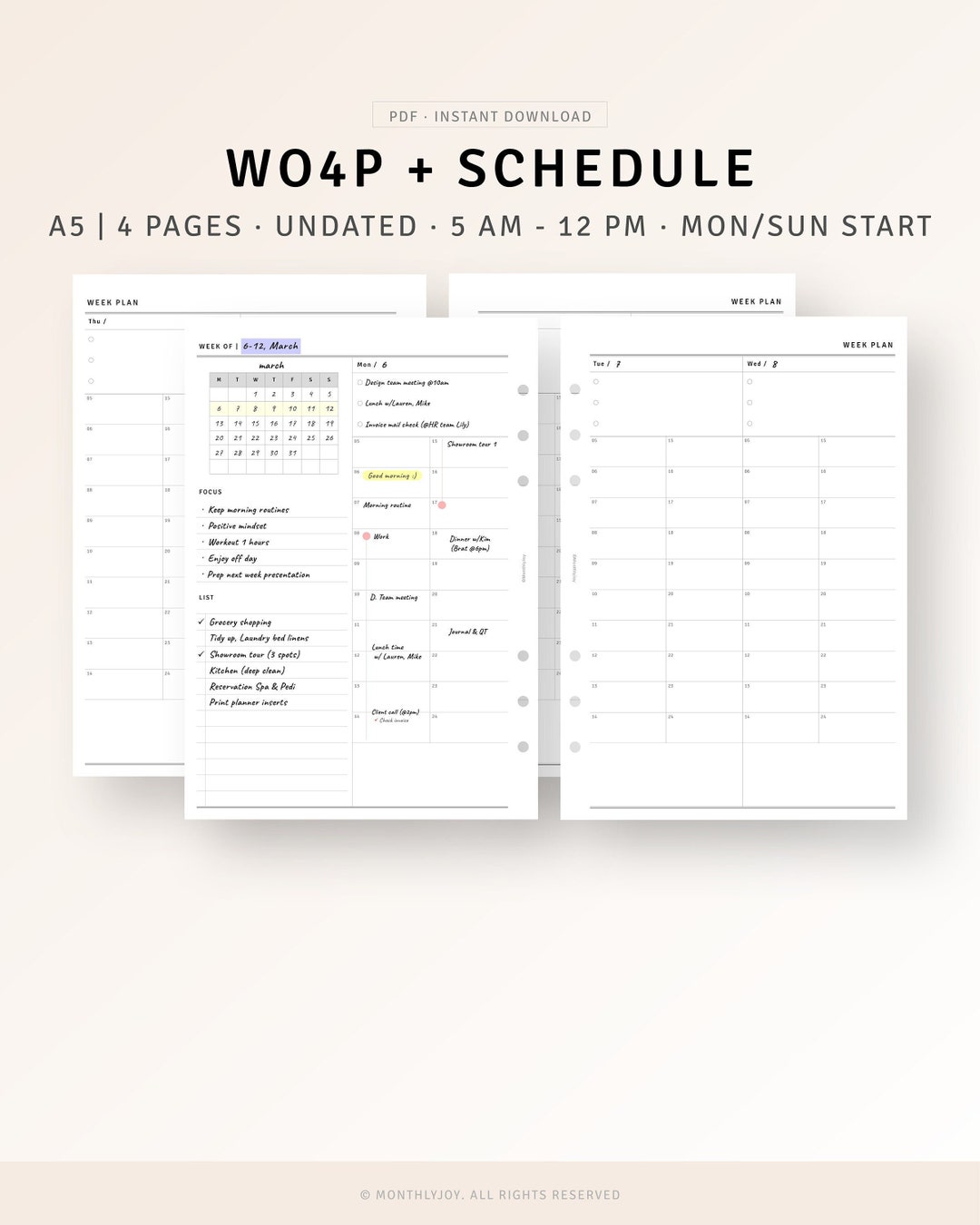 Week on 4 Pages A5 Inserts Printable Weekly Schedule Organizer With ...