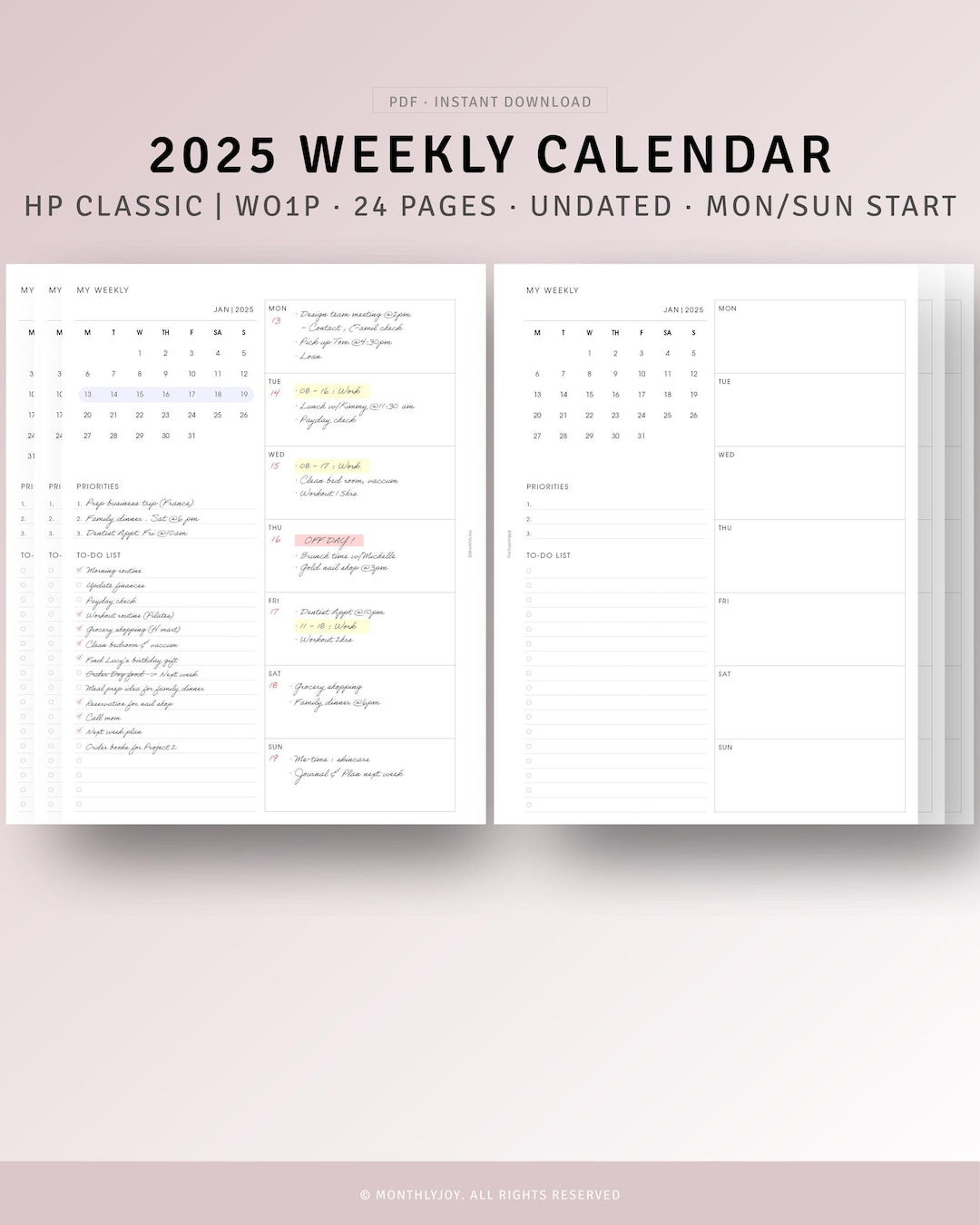 2025 Weekly Calendar Printable HP Classic Inserts, Daily Schedule ...