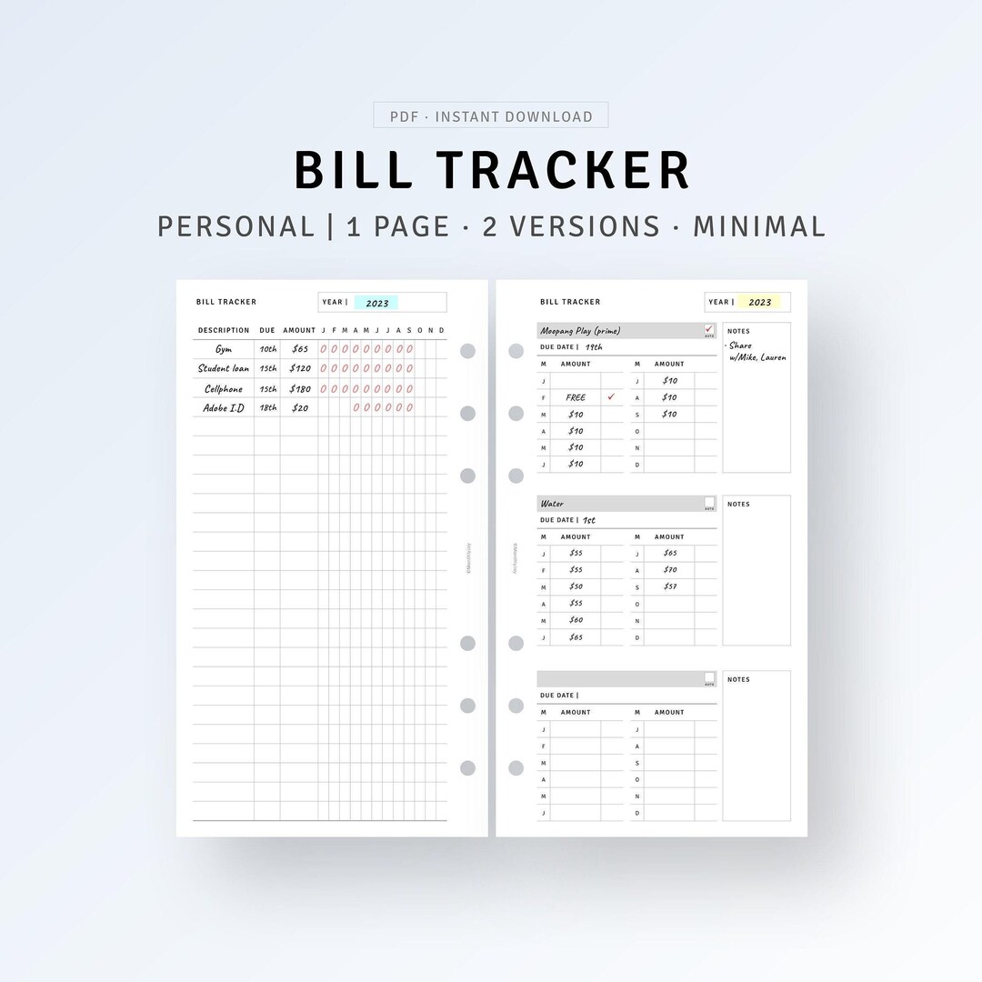 Personal, Bill Organizer Printable Inserts, Monthly Spending Payment ...