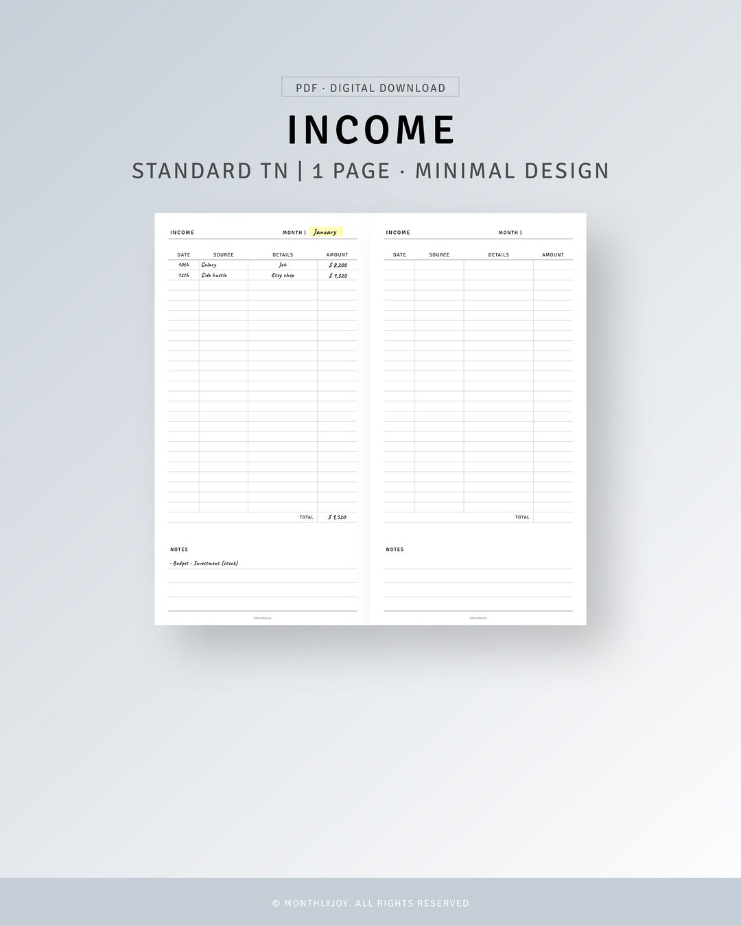 Income Tracker Printable Travelers Notebook Inserts, Personal Finance ...