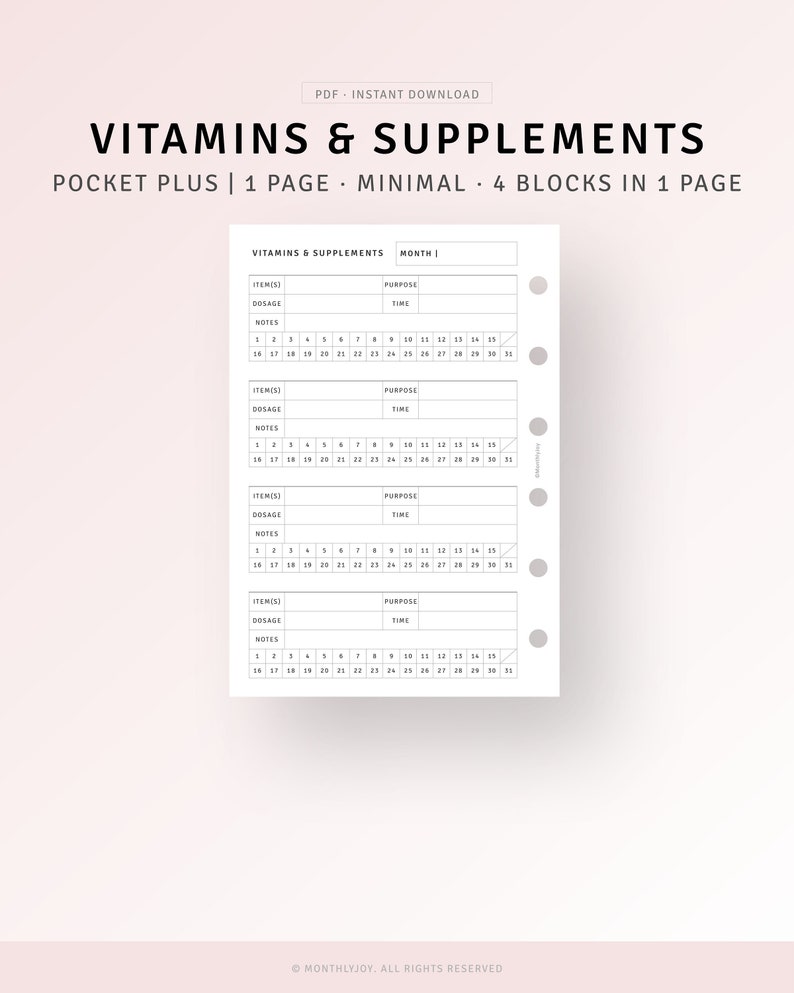 Pocket Plus Vitamin Tracker Printable Medication Log Sheet - Etsy