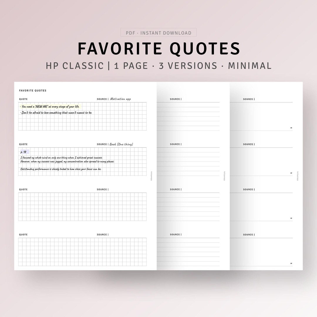 Favorite Quotes Tracker Printable HP Classic, Positive Mindset Quotes ...