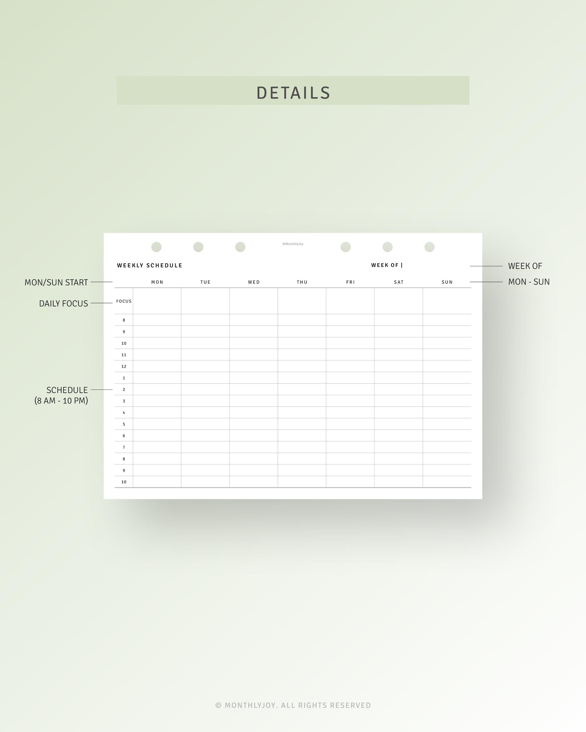 Printable Weekly Schedule Template, Week on One Page, Productivity ...
