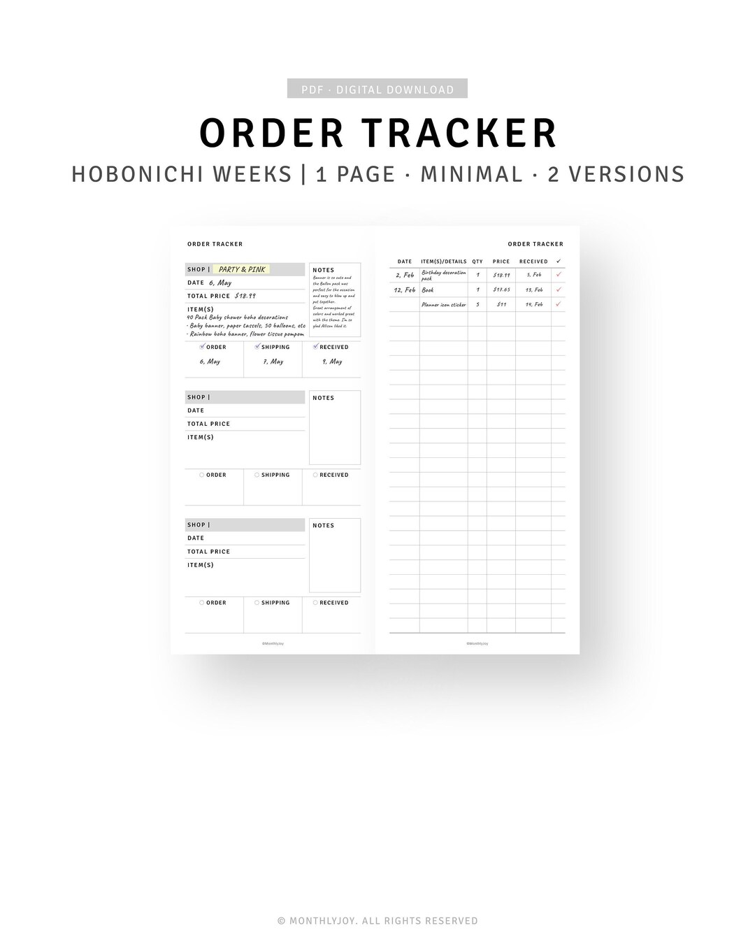 Order Tracker Printable Hobonichi Weeks Inserts, Holiday Gift Delivery ...