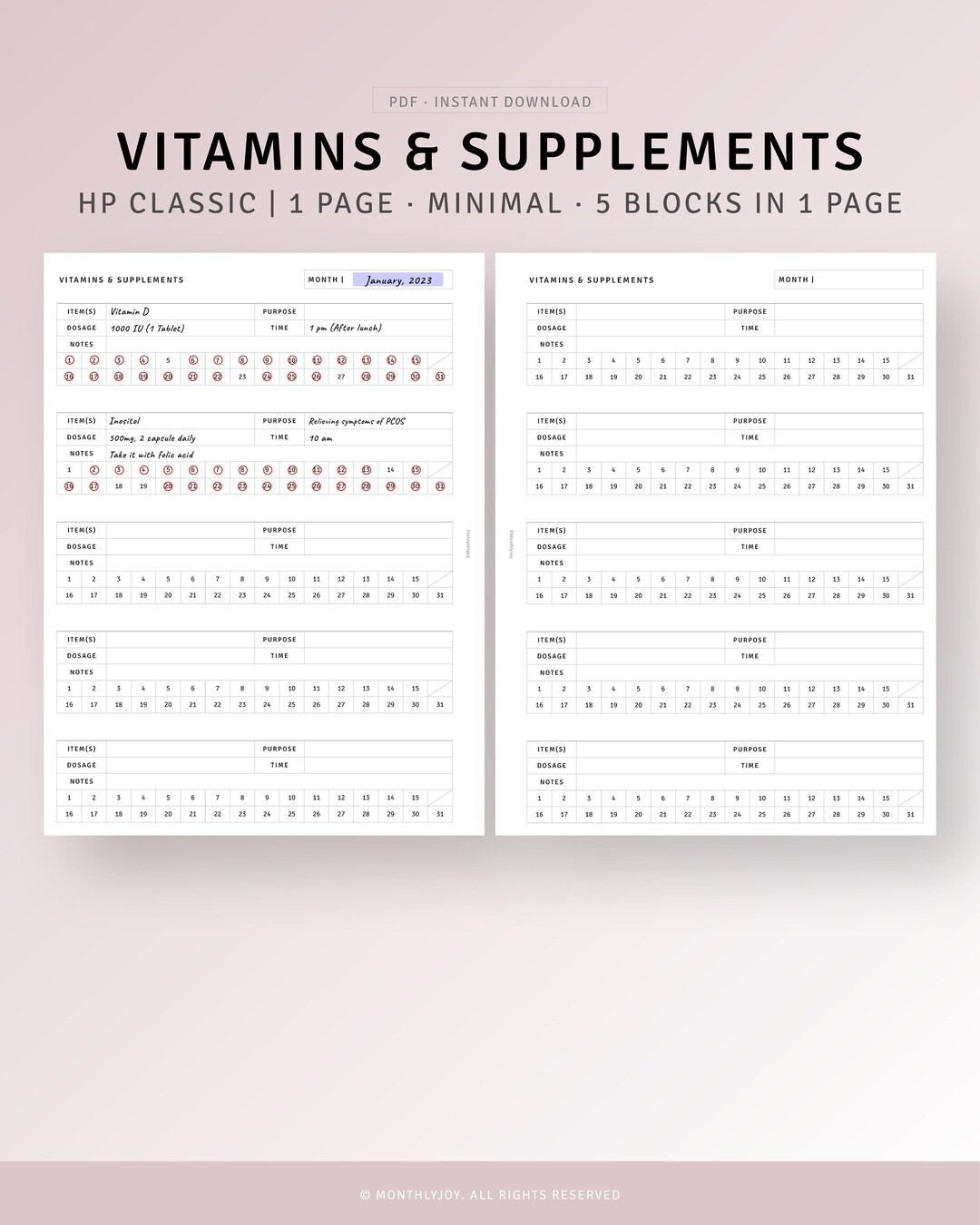 Medication Tracker Printable HP Classic Ring, Vitamin Supplements Log ...