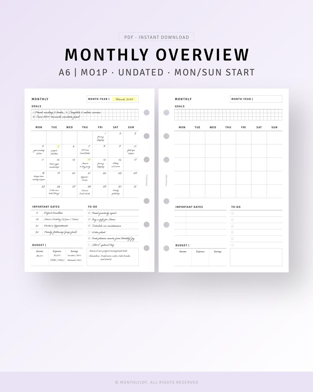 Monthly Overview Printable A6 Planner Inserts, Undated Monthly Schedule ...
