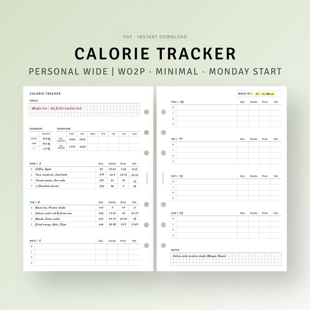 Calorie Tracker Printable Personal Wide Ring, Weight Loss Tracker, Diet ...