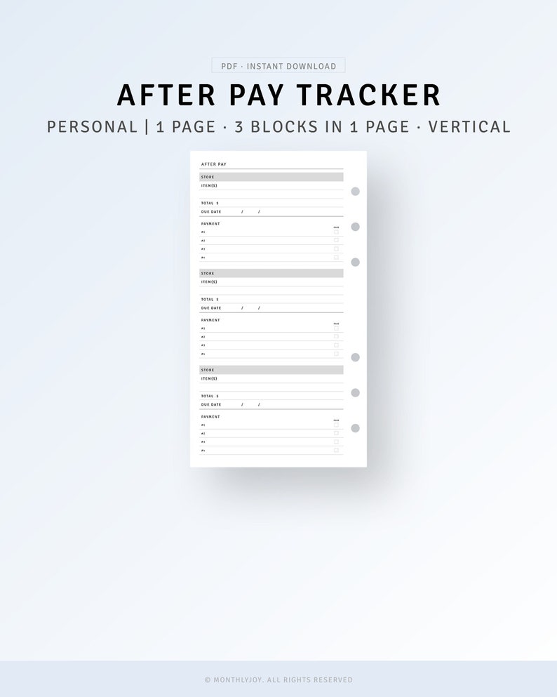 After Pay Tracker Printable Personal Ring Inserts Payment - Etsy