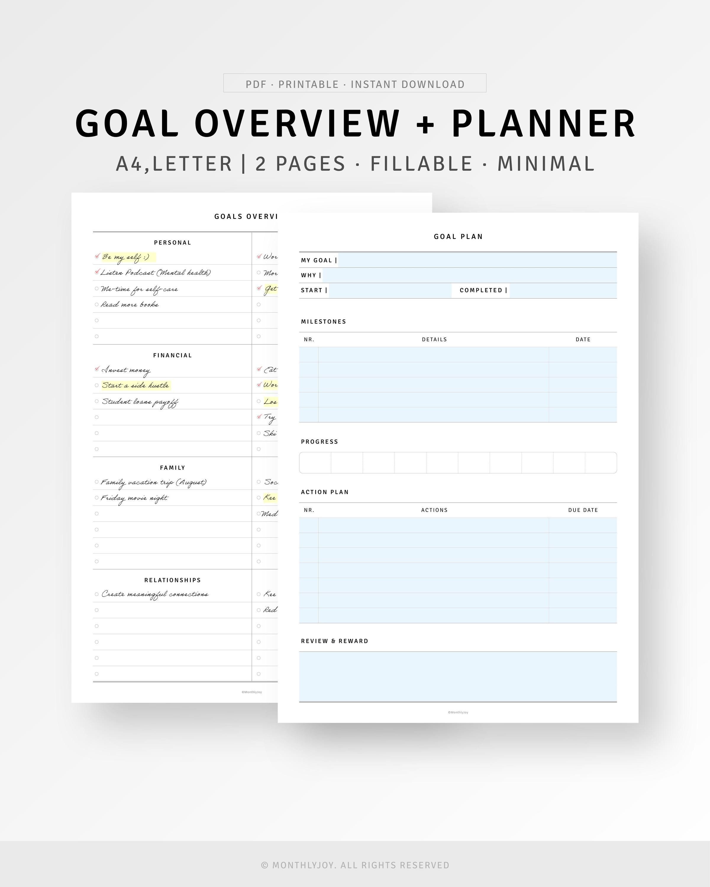 Goal Setting Planner Printable A4/letter Inserts, Fillable Life Goal ...
