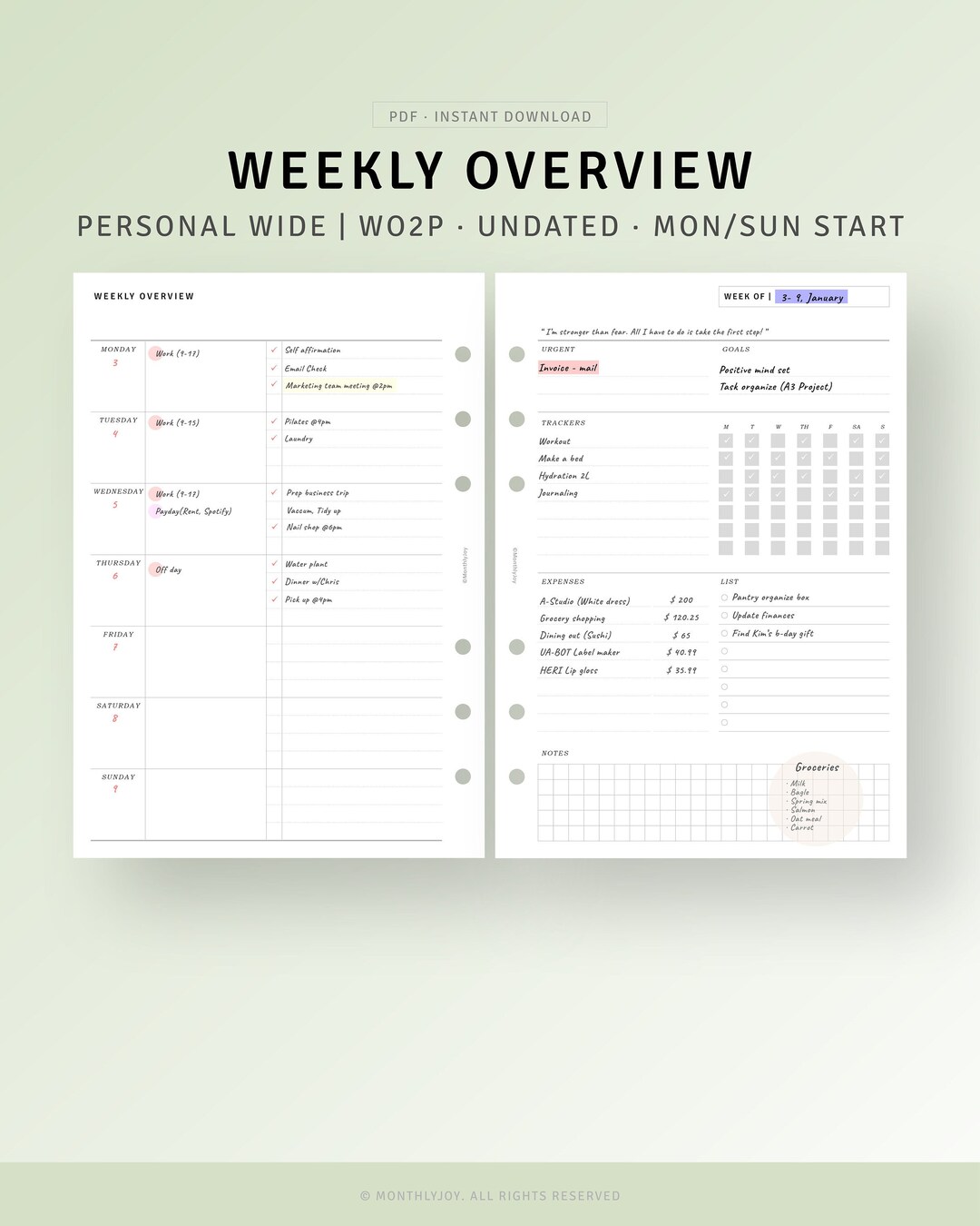 Weekly Overview Printable Personal Wide Inserts, Undated Weekly Planner ...