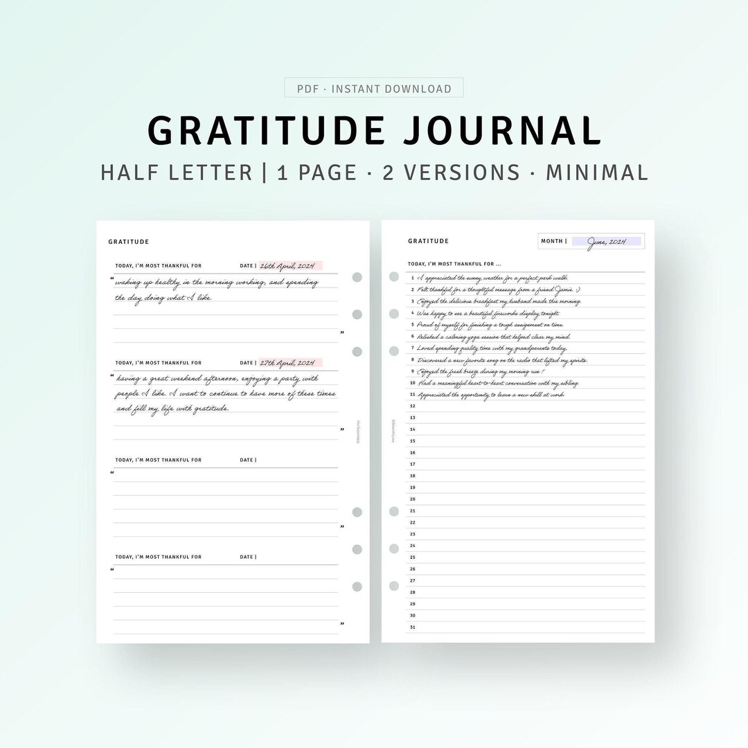 Gratitude Journal Half Letter Inserts Printable Daily Reflection ...