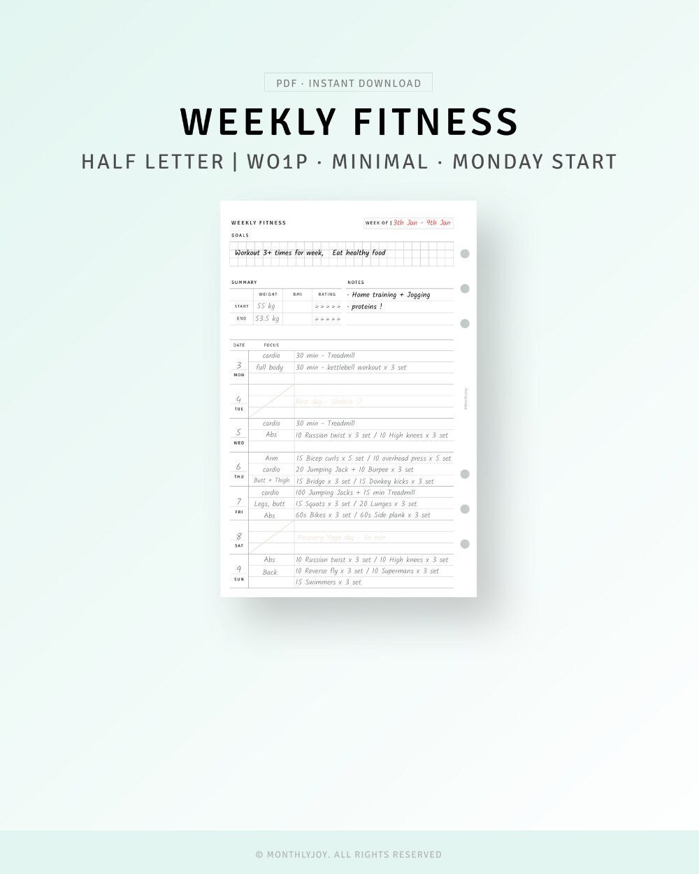 Weekly Fitness Tracker Printable Half Letter Planner Inserts - Etsy