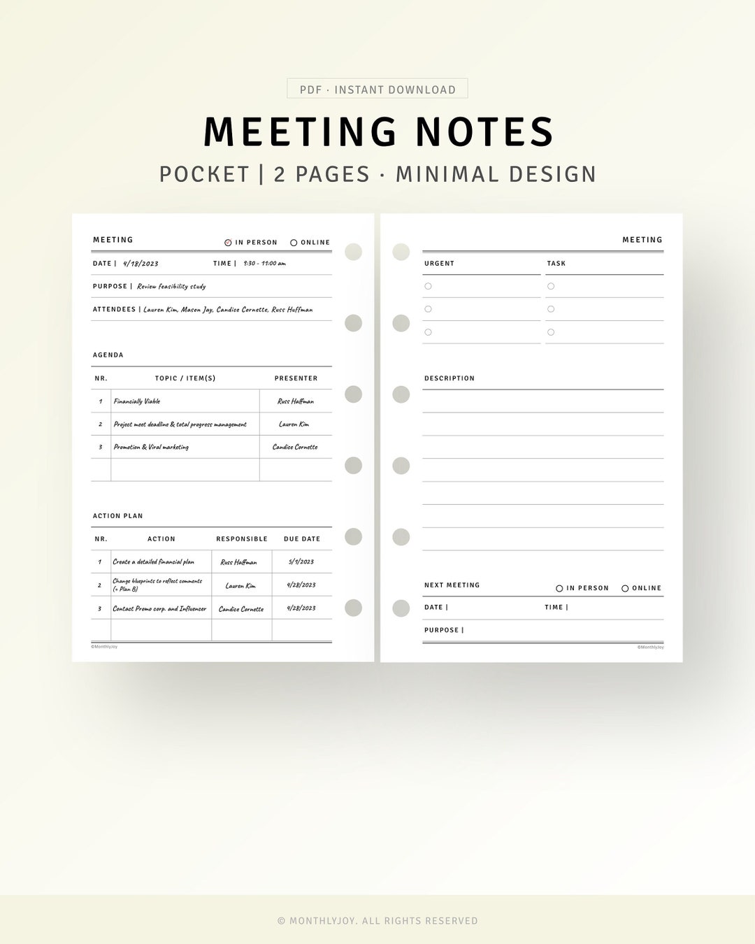 Meeting Notes Template Pocket Size Inserts Printable, Project ...