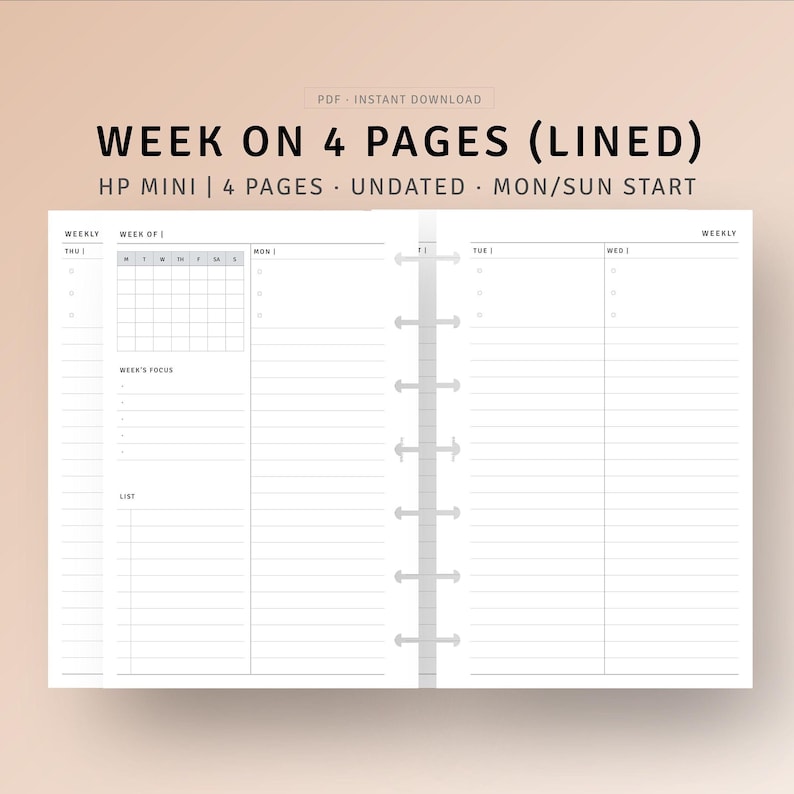 Week on 4 Pages Printable HP Mini Inserts, Undated Weekly Calendar ...