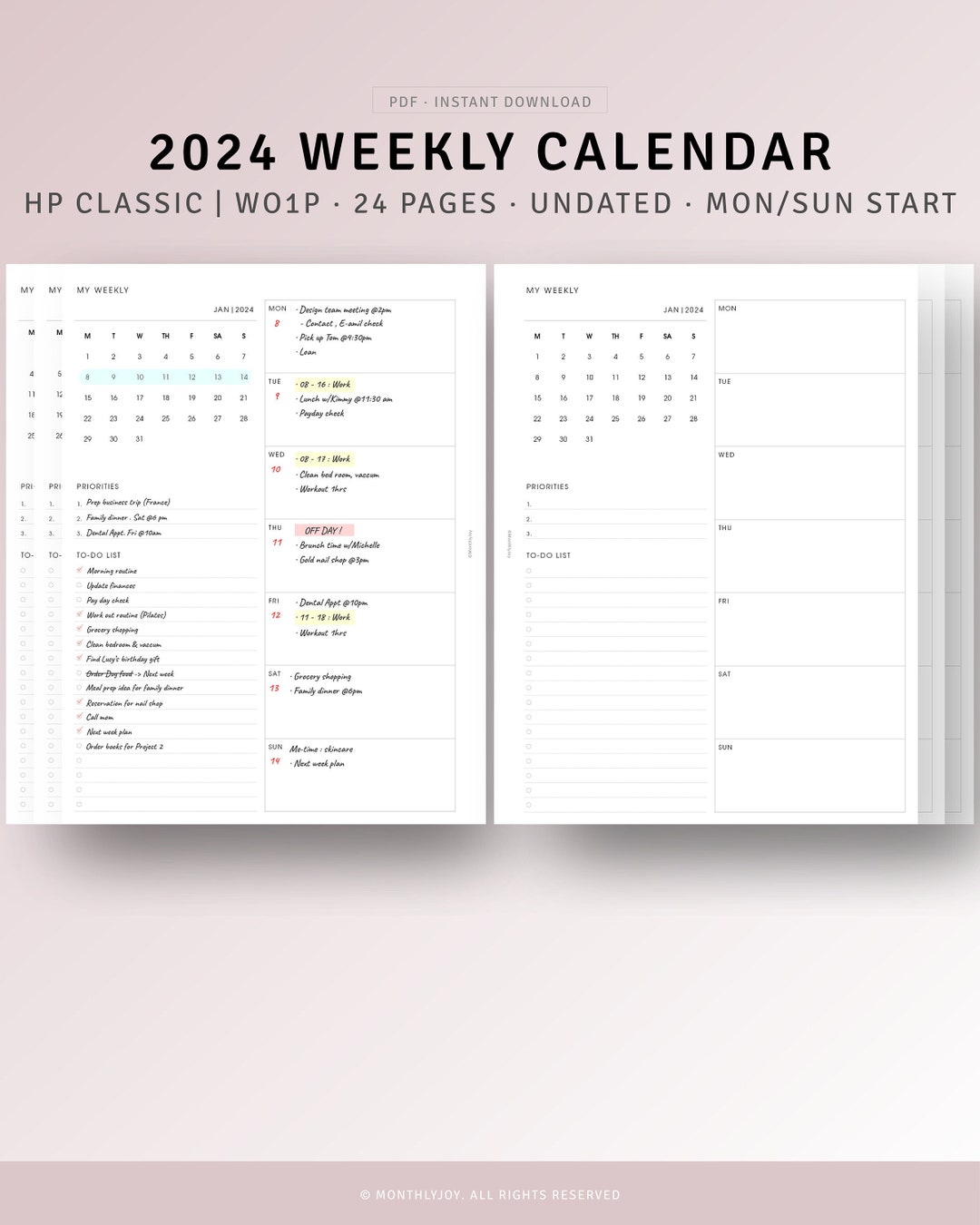 2024 Planner Weekly Calendar Template Printable HP Classic Inserts ...