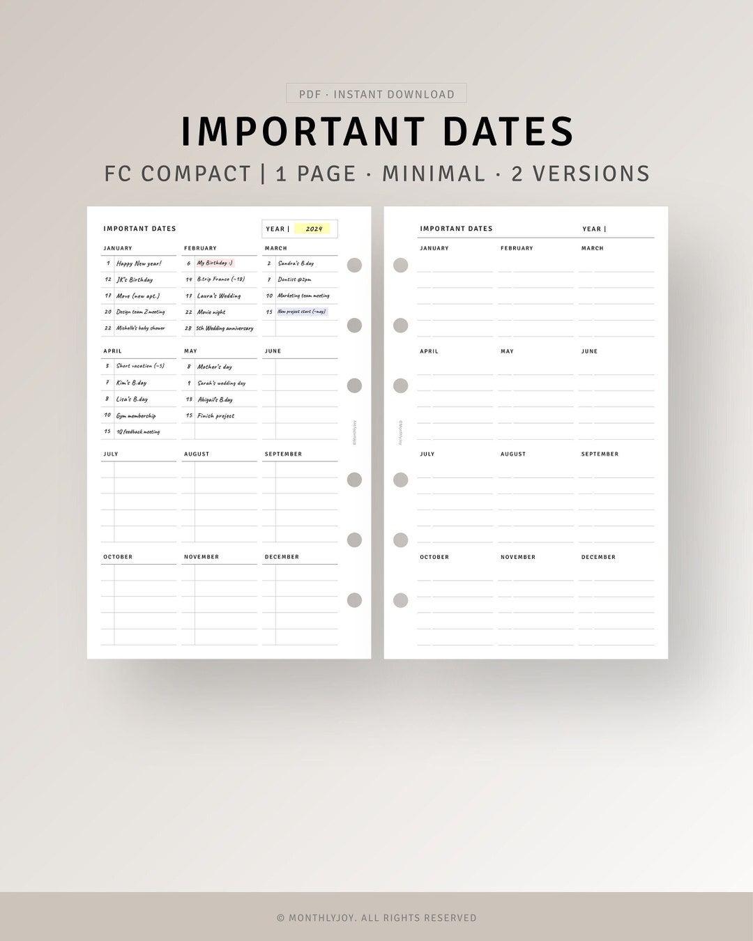 Important Dates Printable FC Compact Inserts, Birthday Event ...