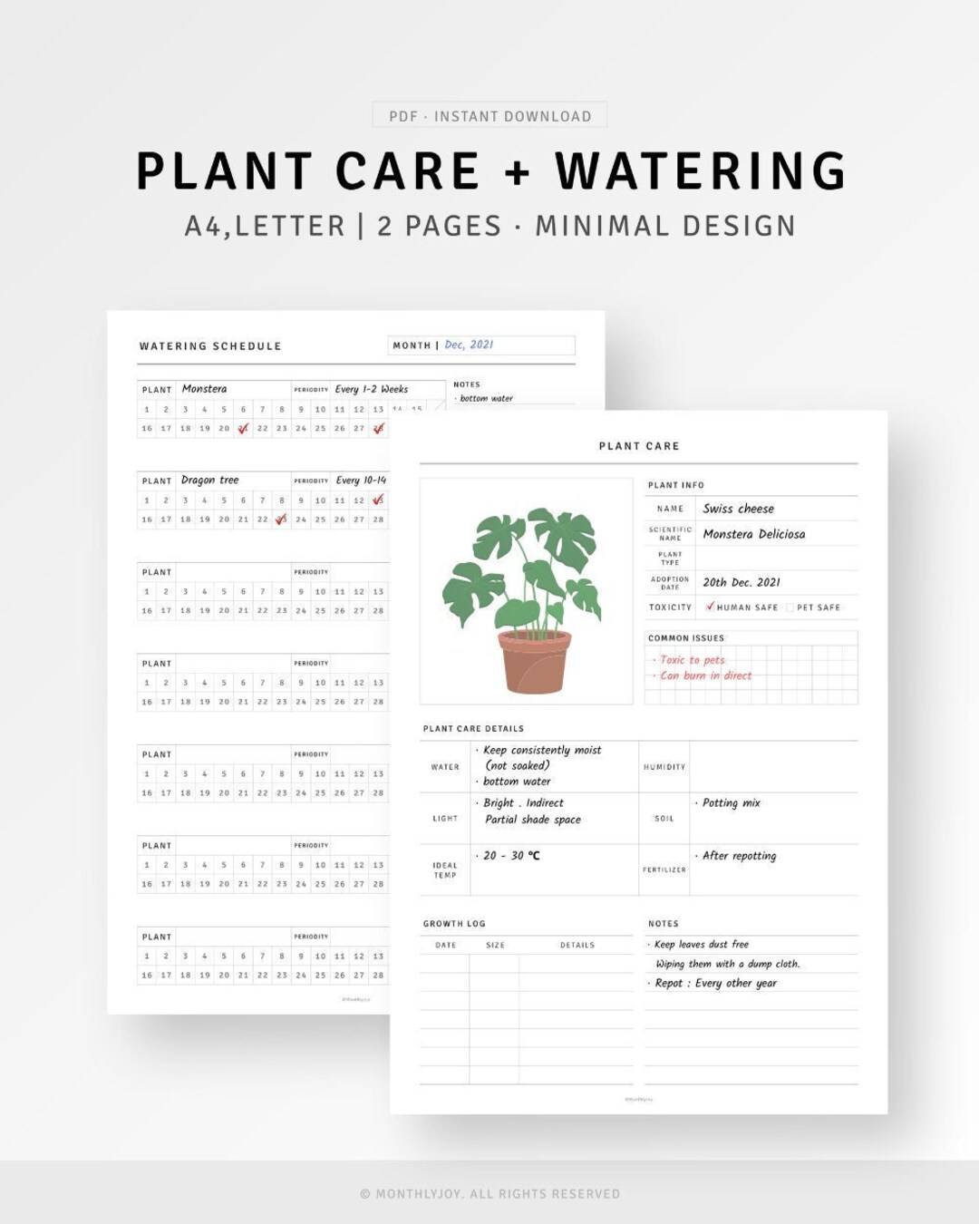 Plant Care Journal A4/letter Size Printable, Plant Watering Schedule ...