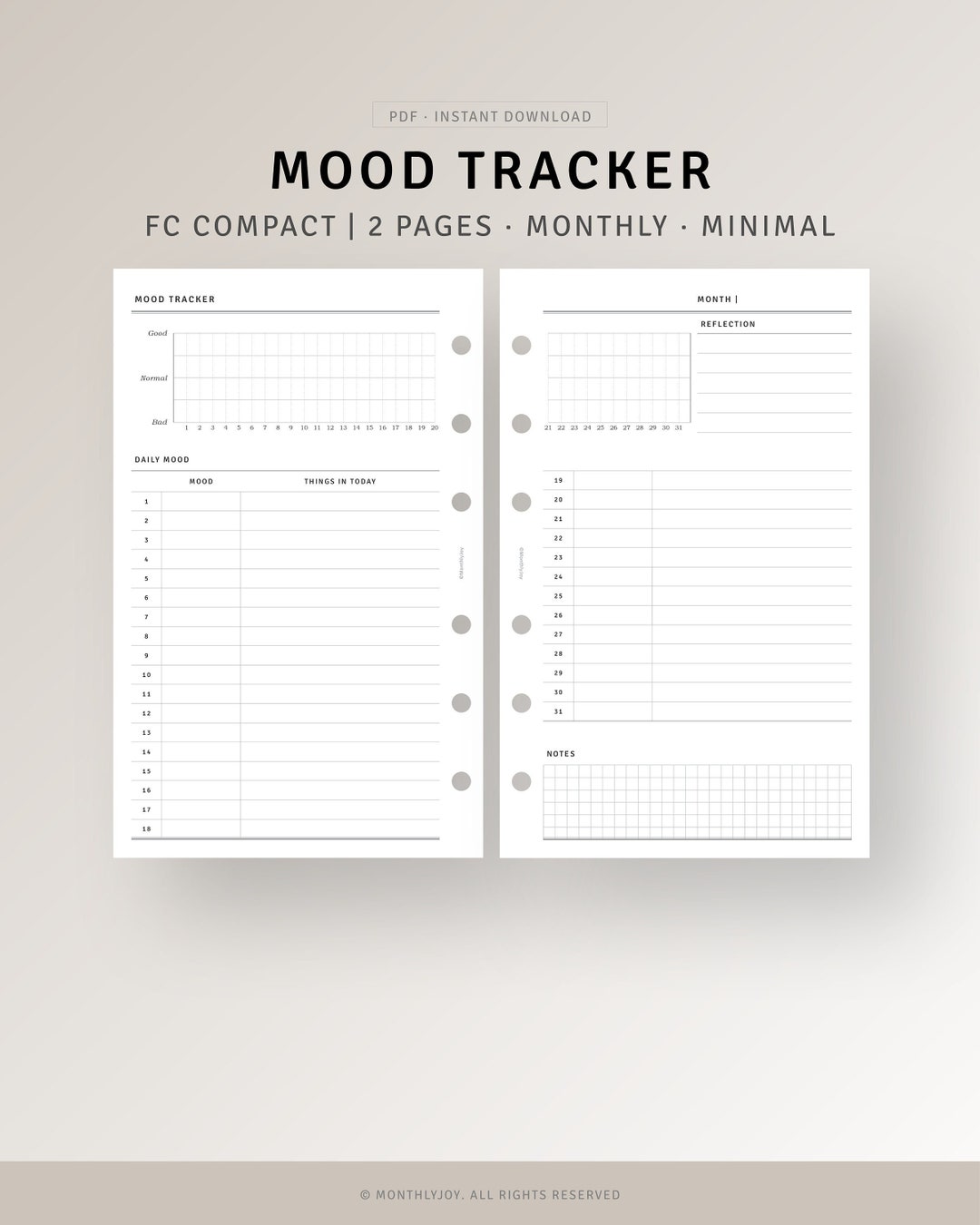 Mood Tracker FC Compact Inserts Printable, Emotion Log List, Monthly ...