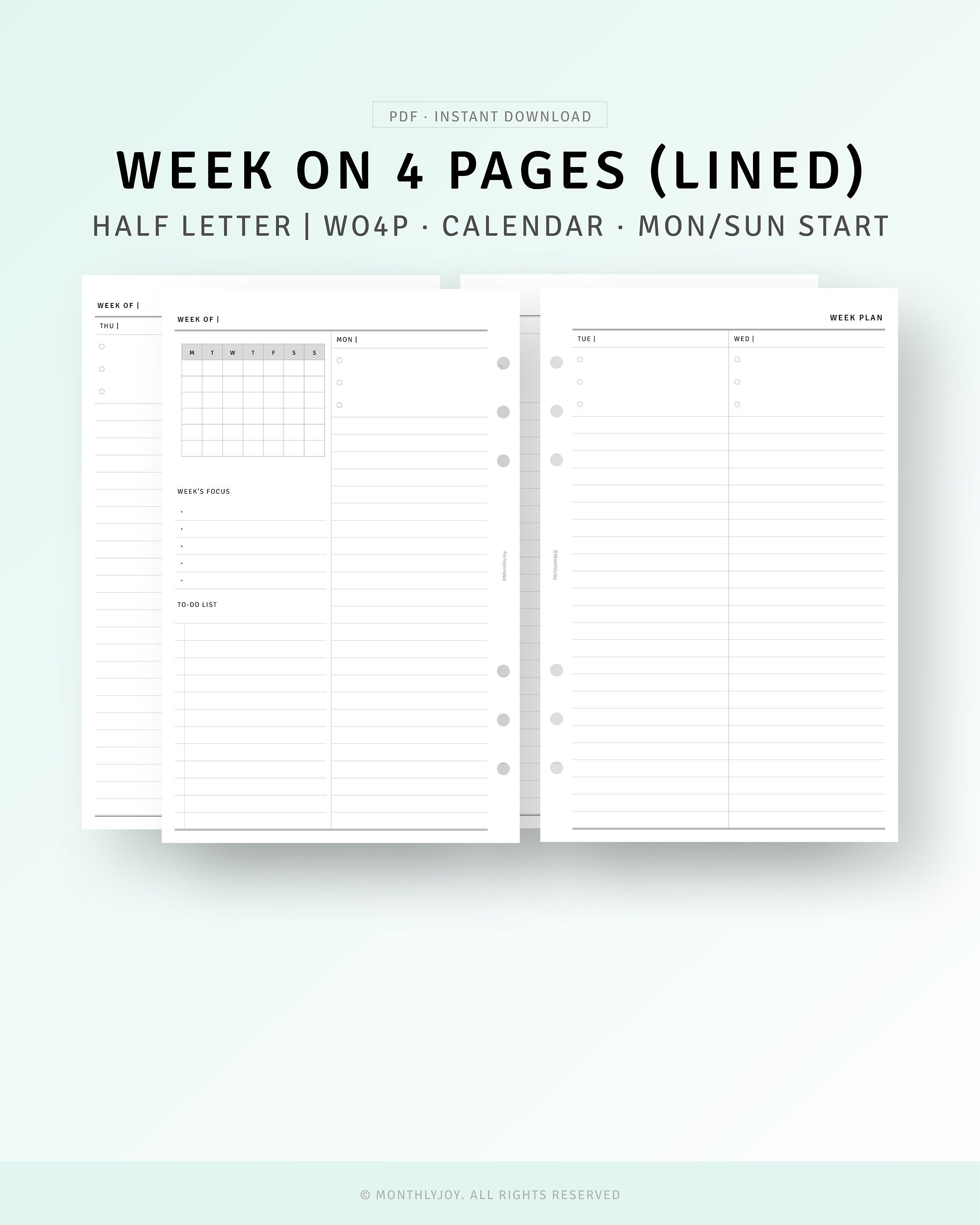 Week on 4 Pages Half Letter Inserts Printable Weekly Planner - Etsy