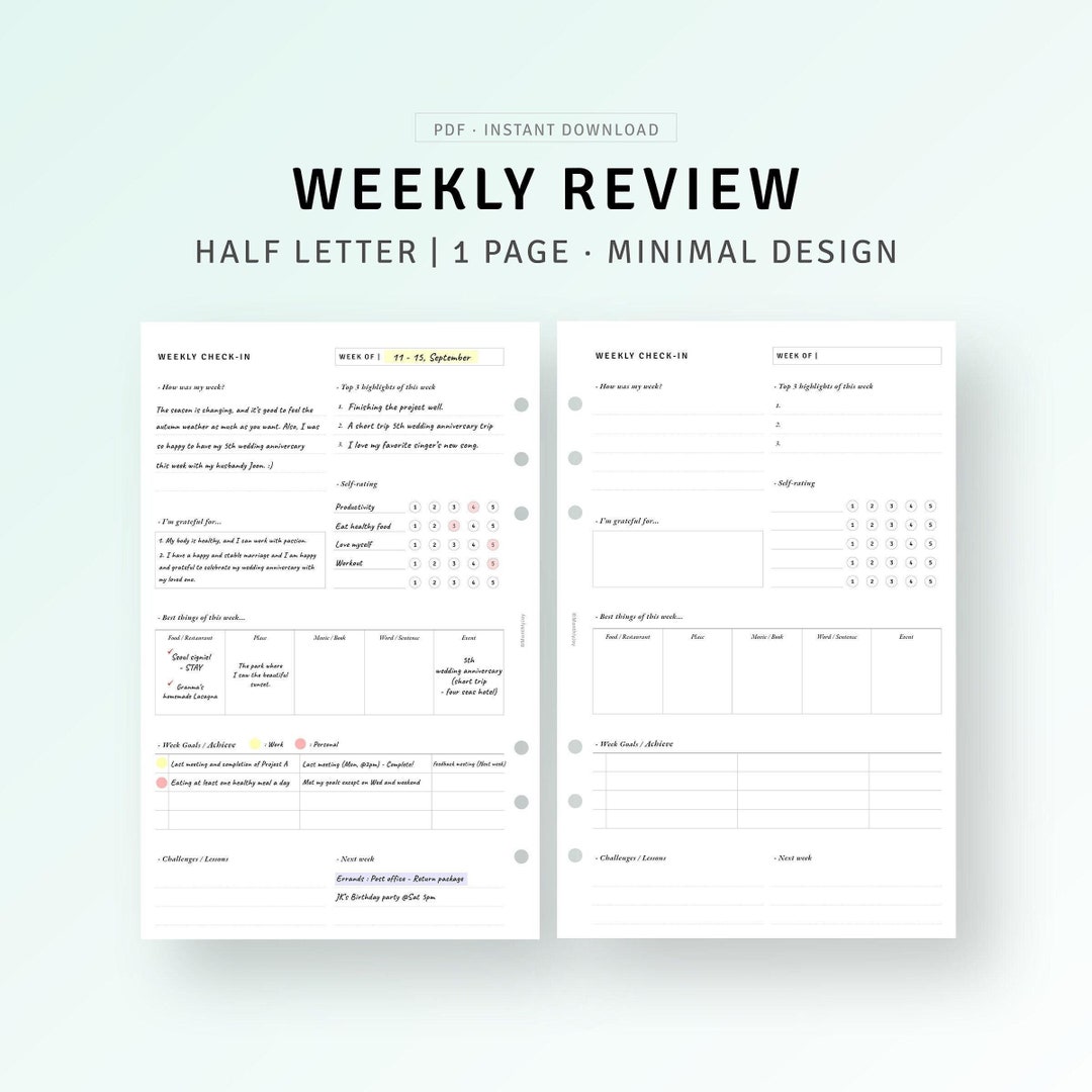 Weekly Reflection Journal Printable Half-letter Planner, Weekly Review ...