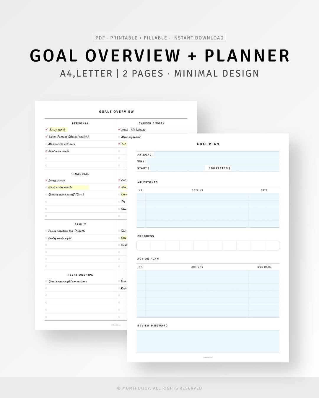 Goal Setting Planner Printable A4/letter Inserts, Fillable Life Goal ...